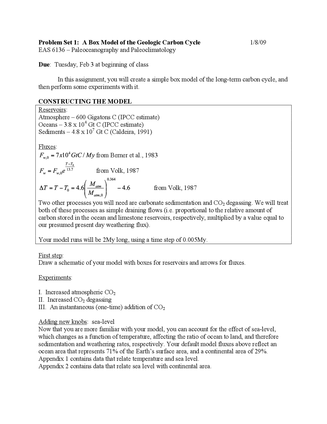 Problem Set 1 A Box Model Of The Geologic Carbon Cycle Eas 6136