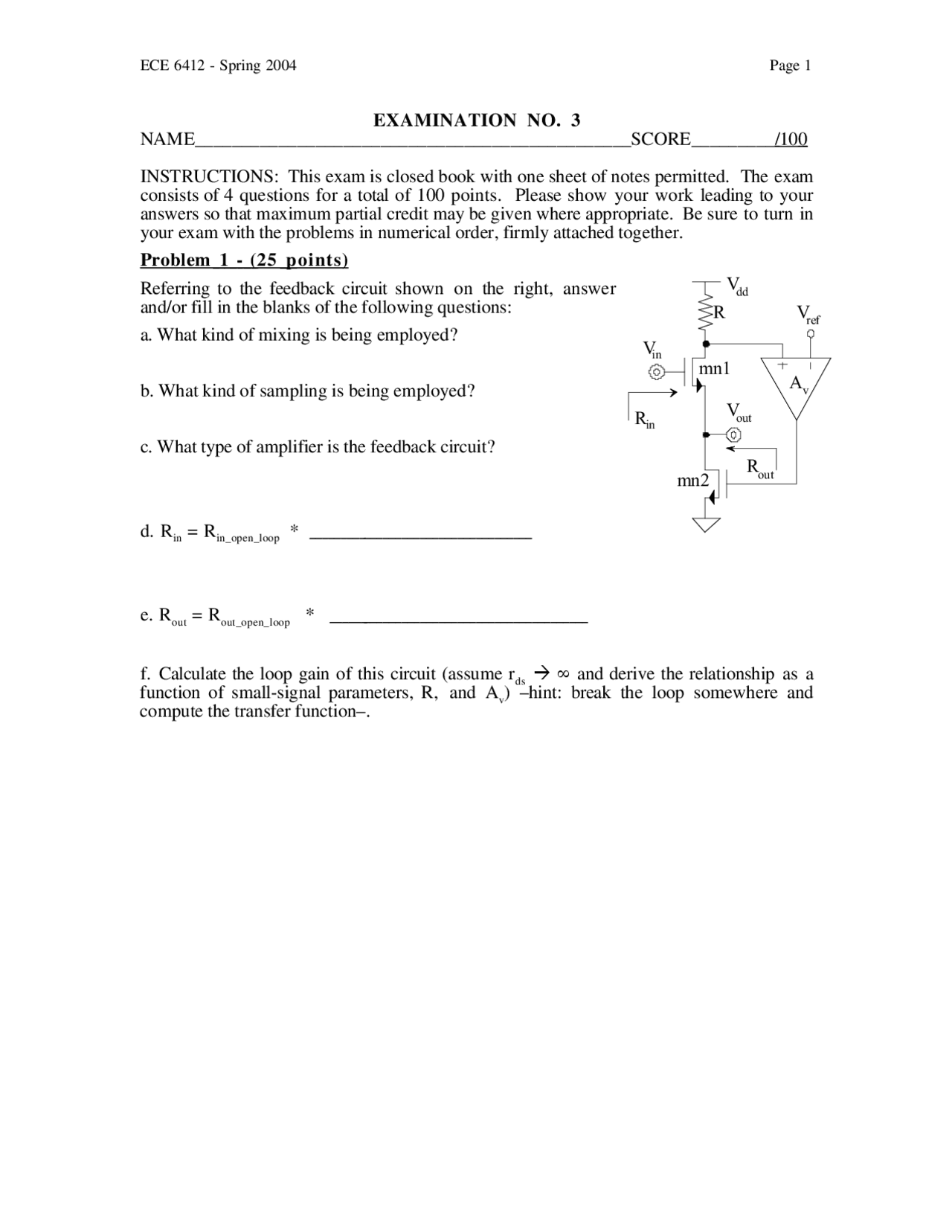 ECE 6412 - Spring 2004 Examination No. 3: Electronic Circuits | Exams Electrical and Electronics ...