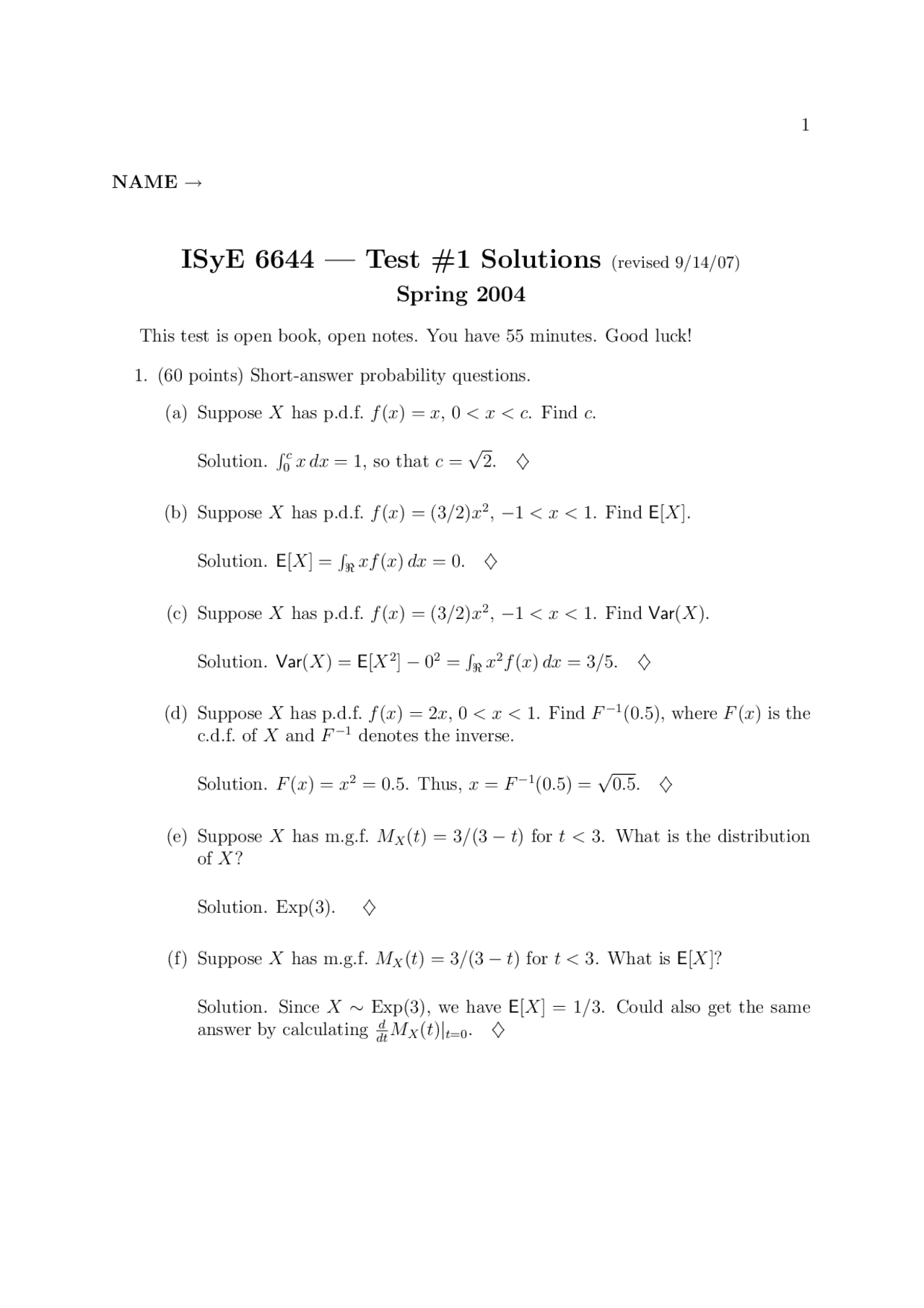 Test 1 Solutions Spring 2004 Simulation Isye 6644 Docsity