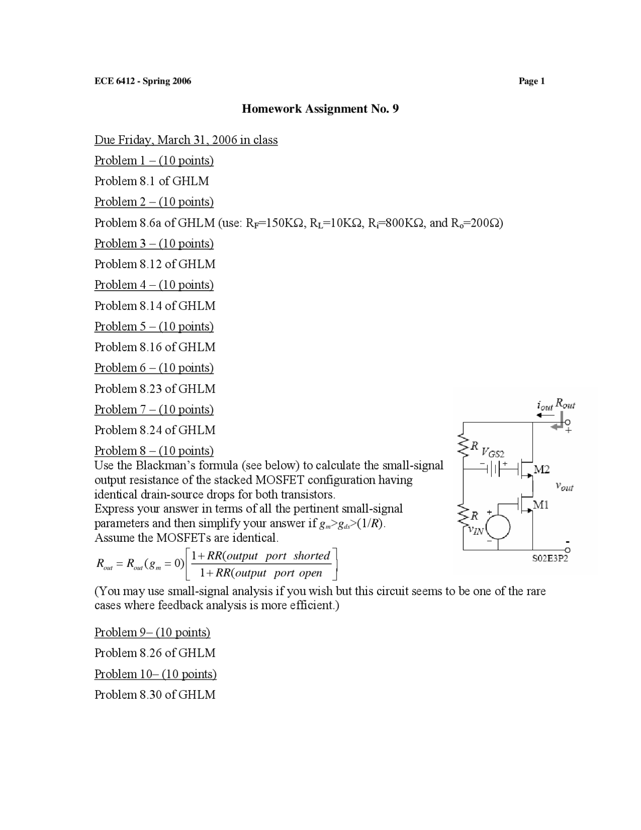 10 Problems to Calculate the Small Signal Output Resistance - Homework | ECE 6412 - Docsity