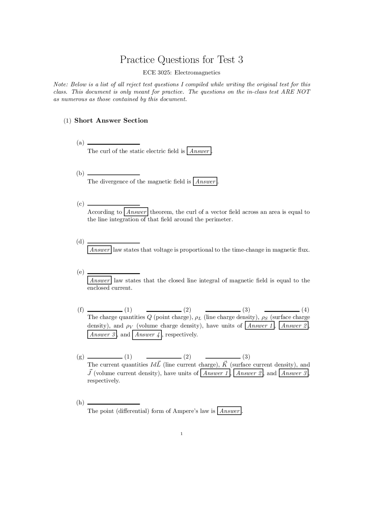 Practice Questions For Test 3 Electromagnetics Ece 3025 Docsity