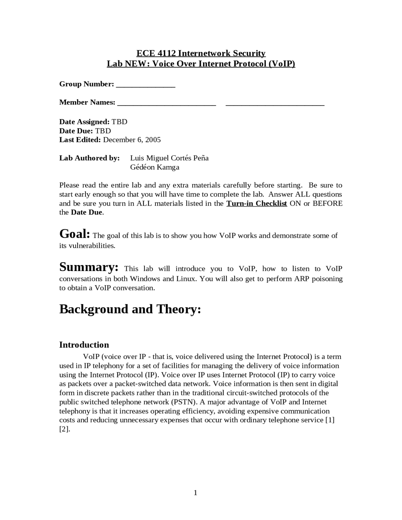 Lab New Voice Over Internet Protocol Internetwork Security Ece