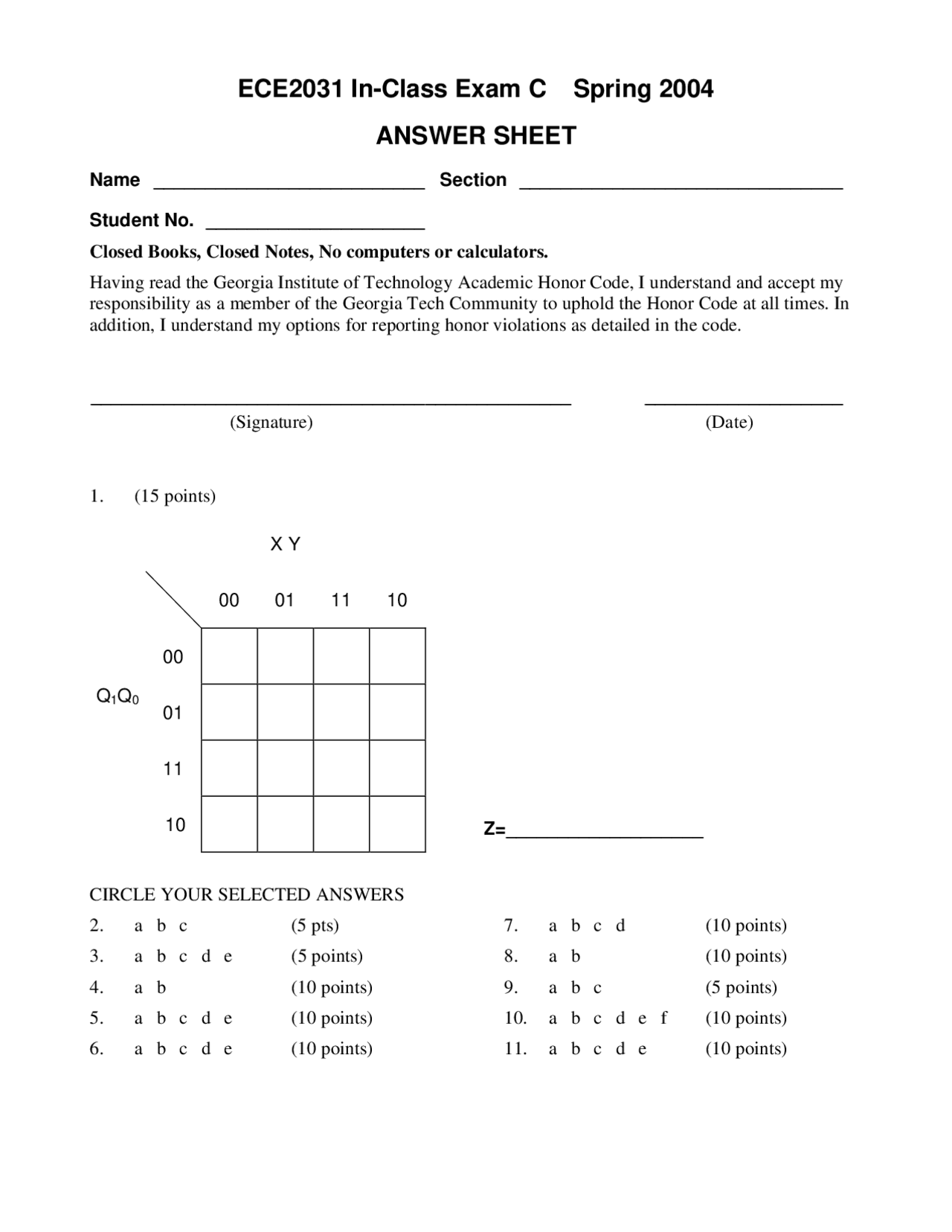 Digital Design Lab - Exam C Answer Sheet | ECE 2031 - Docsity