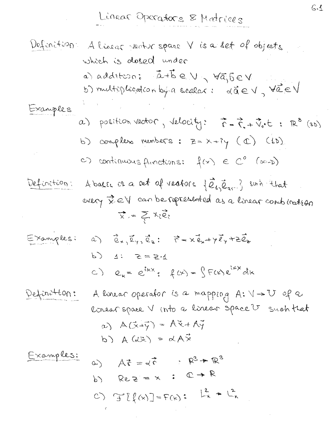 Linear Operators and Matrices - Handwritten Notes | PHYS 6124 - Docsity