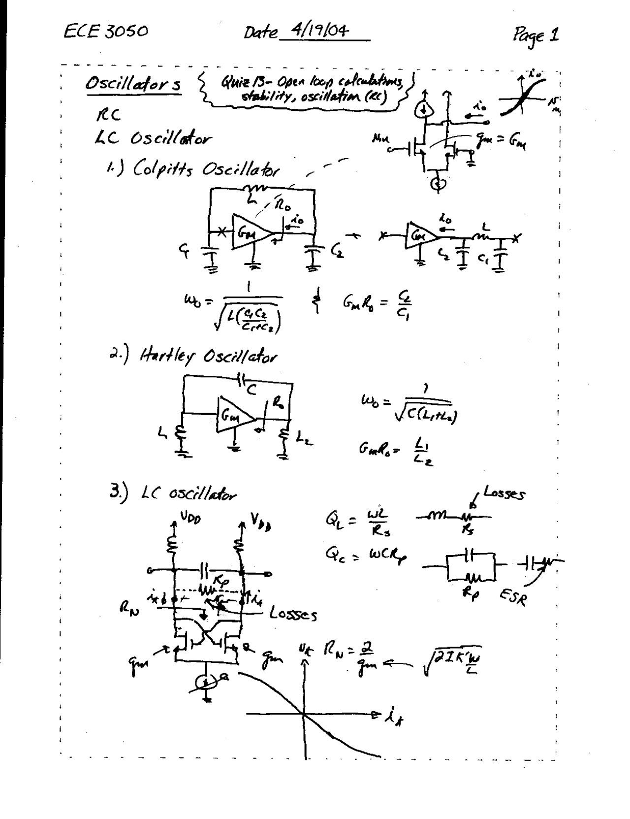 Handwritten Notes On Oscillators Ece 3050 Docsity