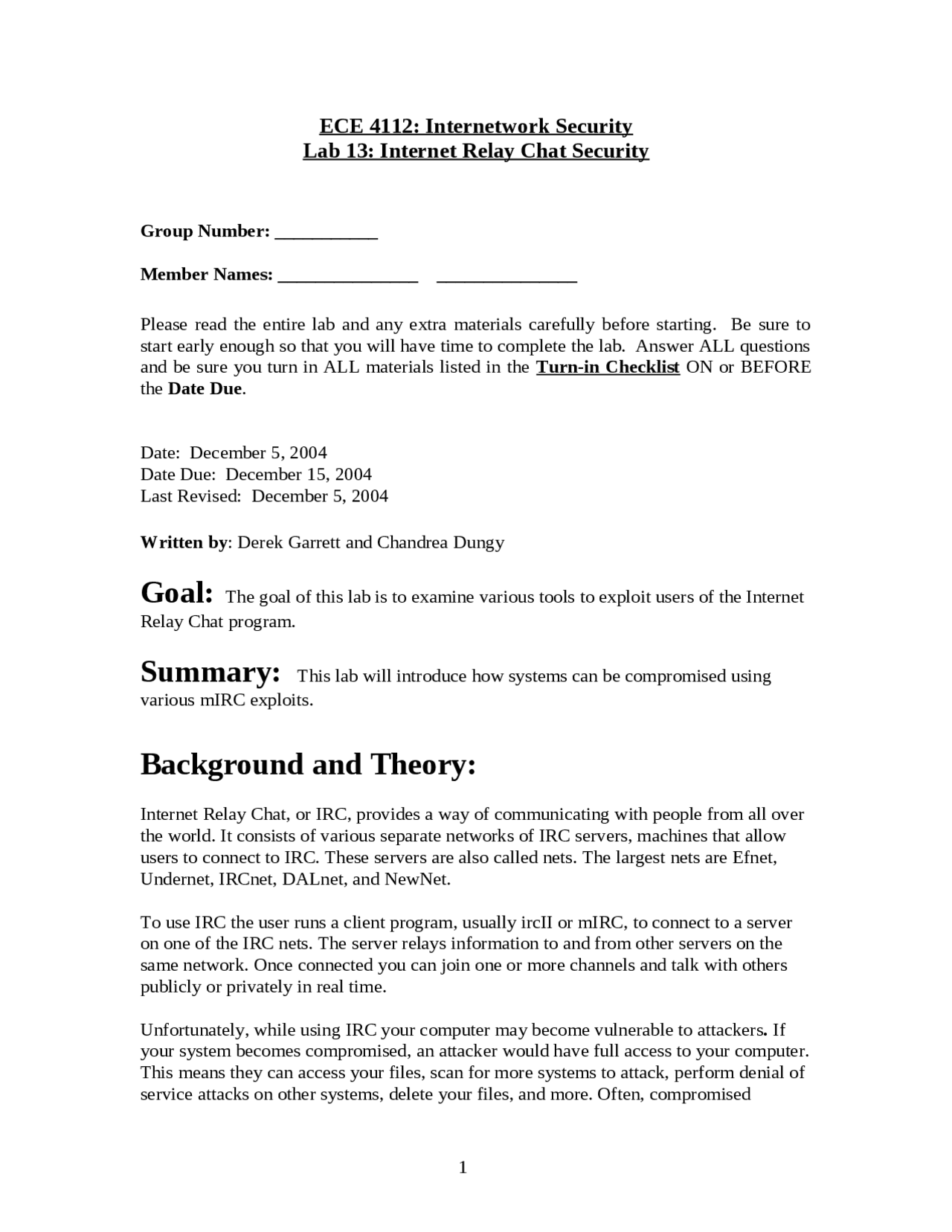 Lab 13: Internet Relay Chat Security | ECE 4112 - Docsity