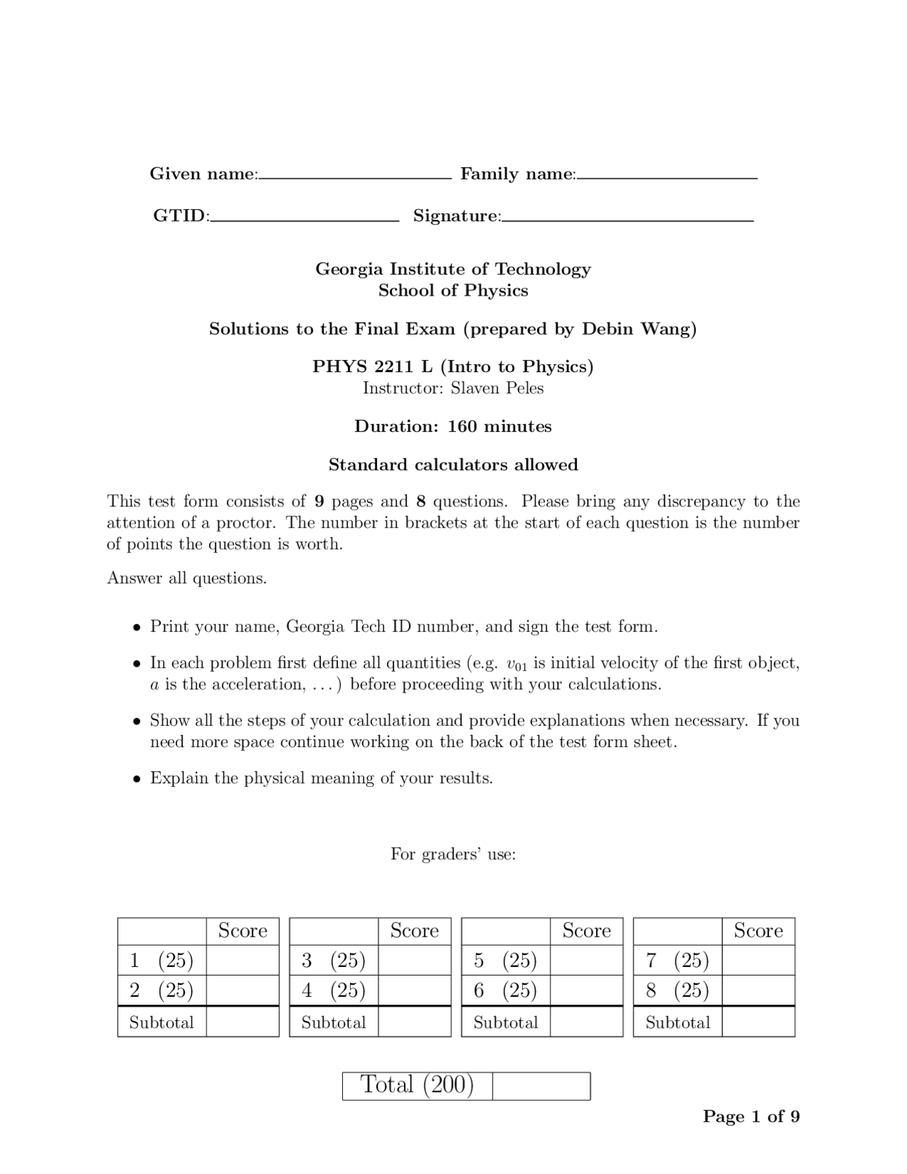 Solved Final Exam For Introduction Physics I Phys 2211 Docsity