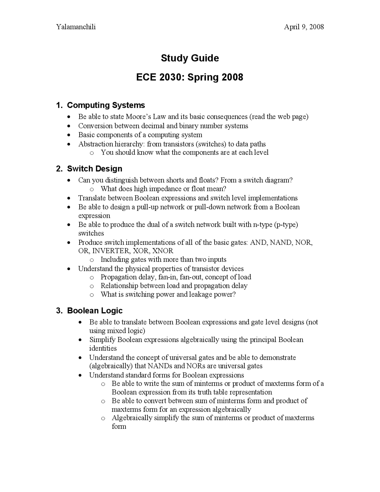 Computing System, Switch Design | Introduction to Computer Engineering | ECE 2030 - Docsity