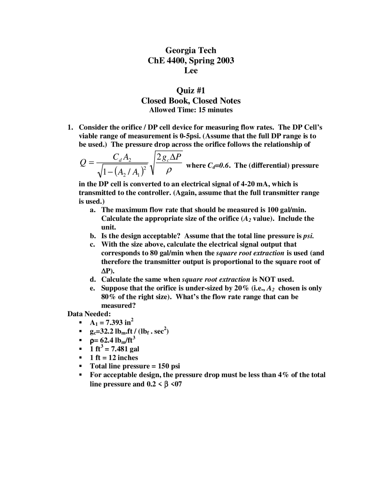 Chemical Process Control Quiz 1 Problems Chbe 4400 Docsity