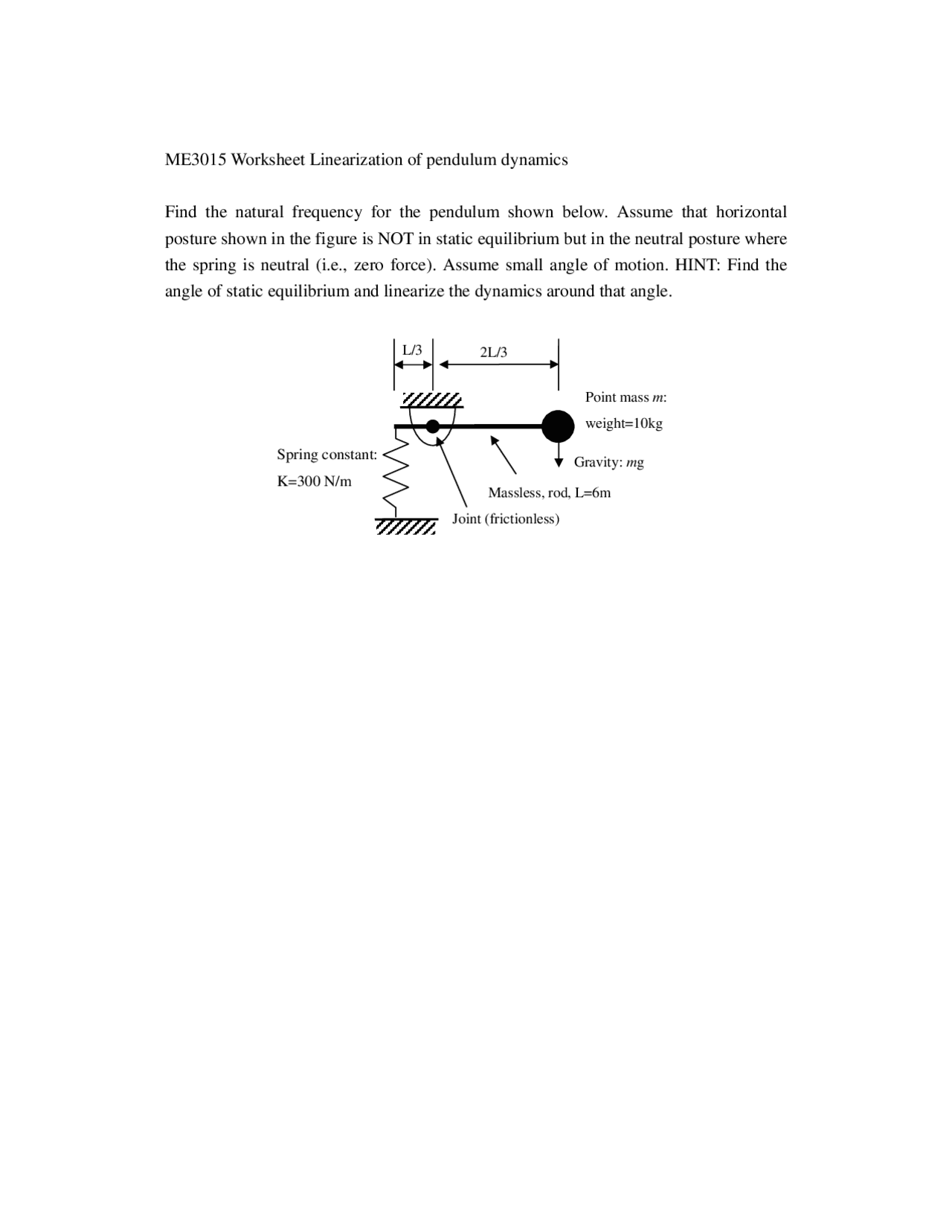 Worksheet Linearization of Pendulum Dynamics | ME 3015 - Docsity