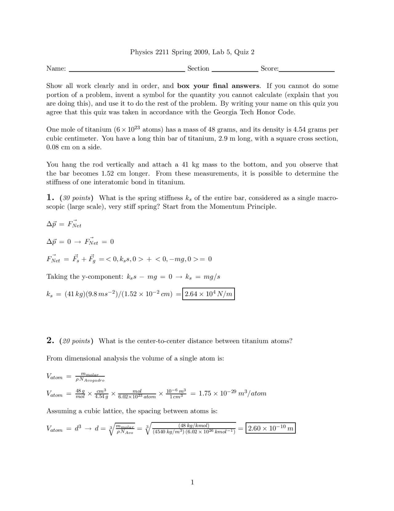 Solved Problems For Lab Quiz 2 Introductory Physics I Phys 2211