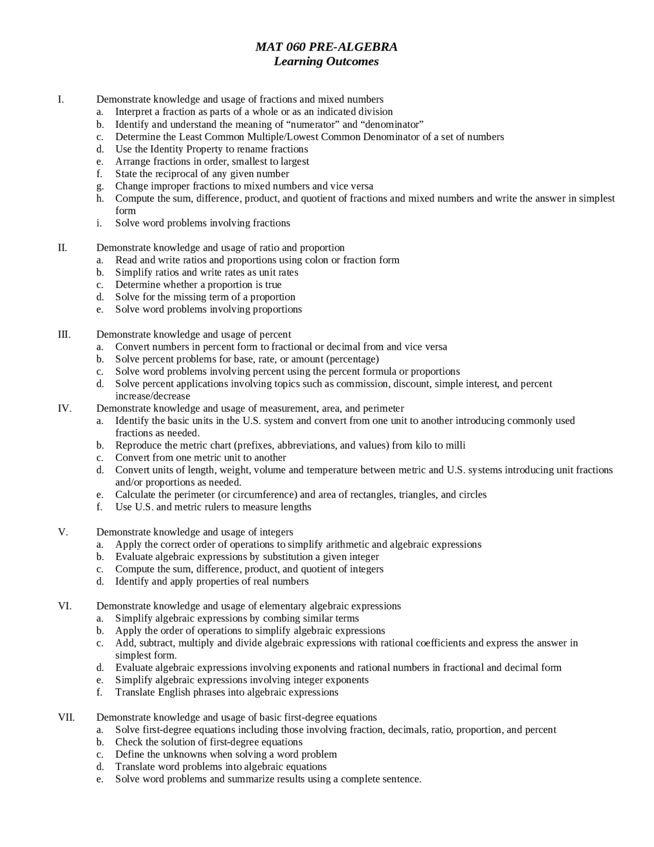 Learning Outcomes - Pre-Algebra - Vocabulary | MAT 060 - Docsity