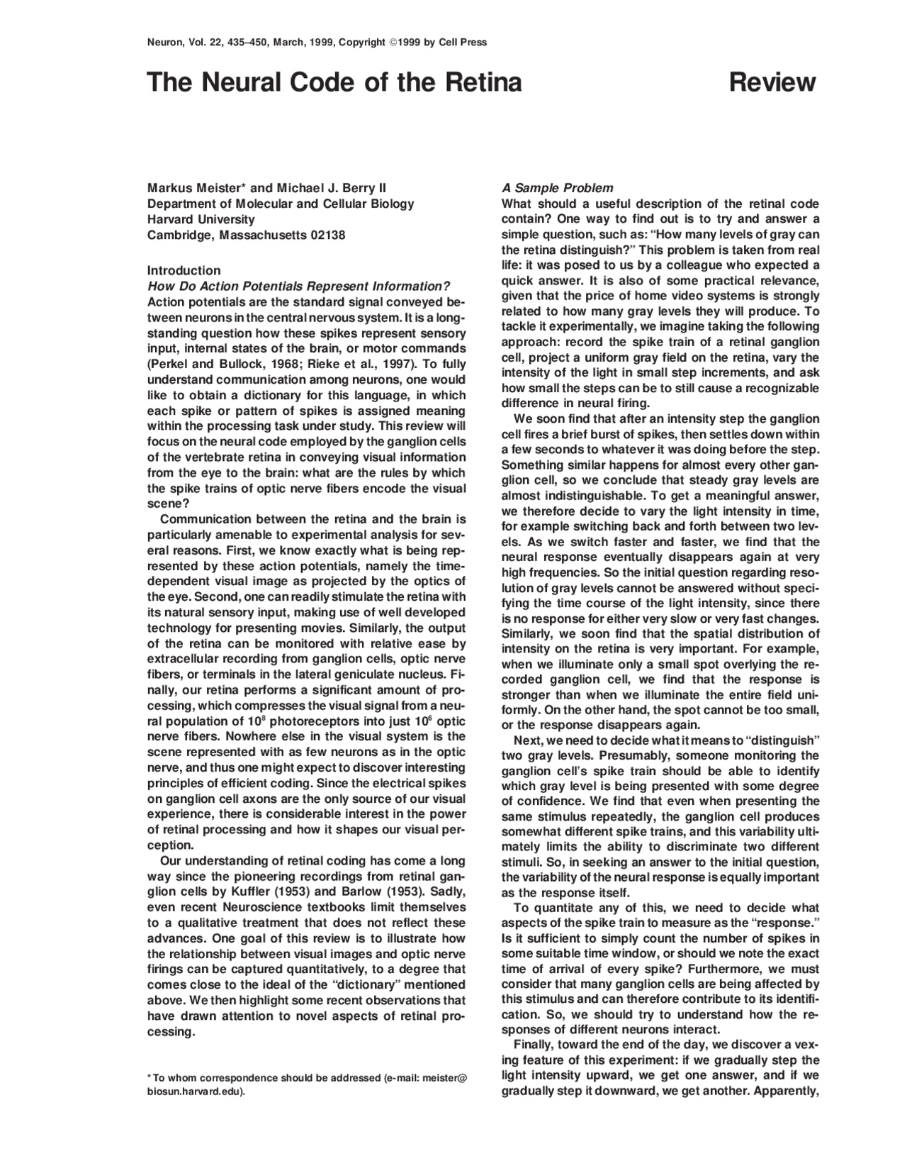 The Neural Code Of The Retina Review Bmed 8813 Docsity