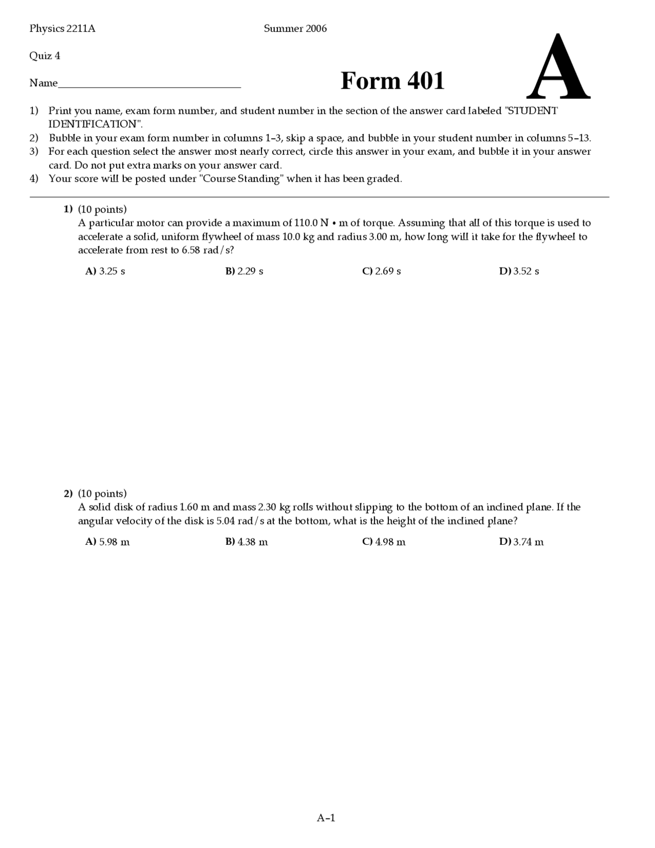 7 Questions Of Introduction To Physics L Quiz 4 Phys 2211 Docsity