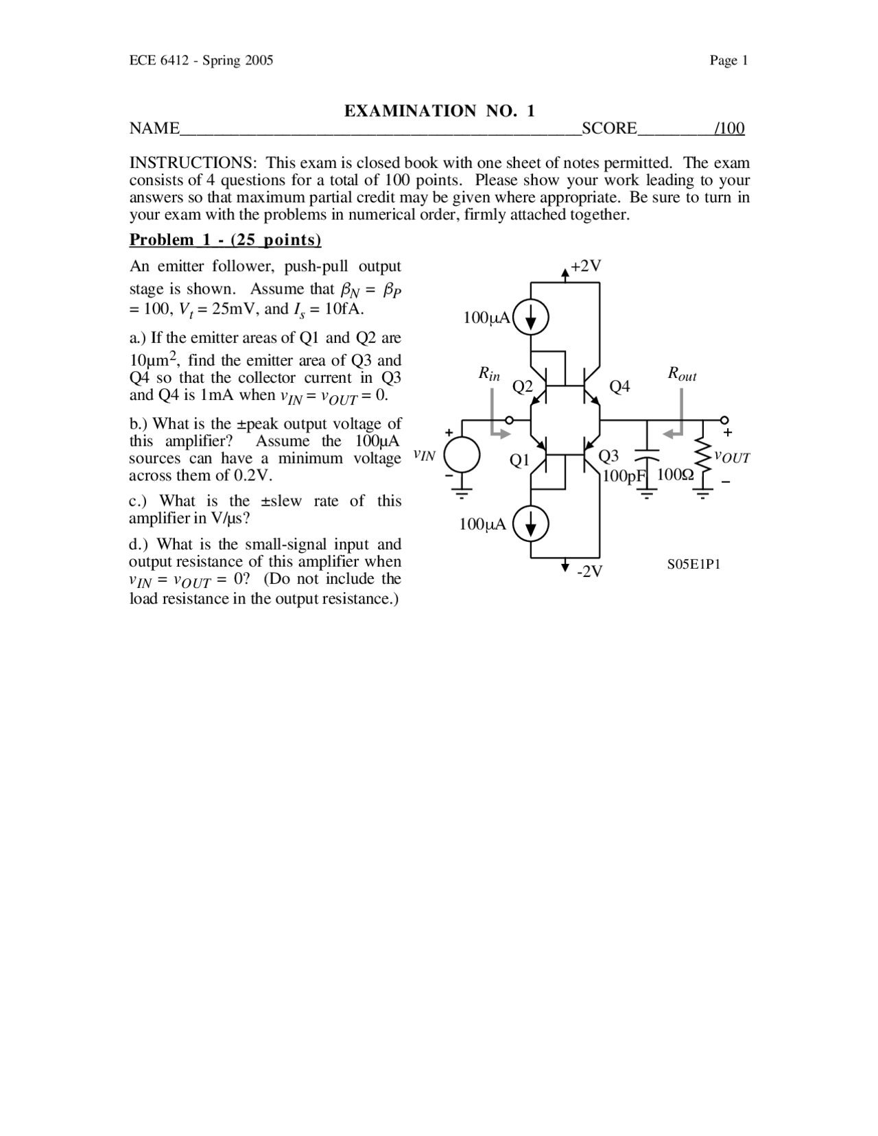 Analog Integrated Circuit Design Exam 1 Ece 6412 Docsity