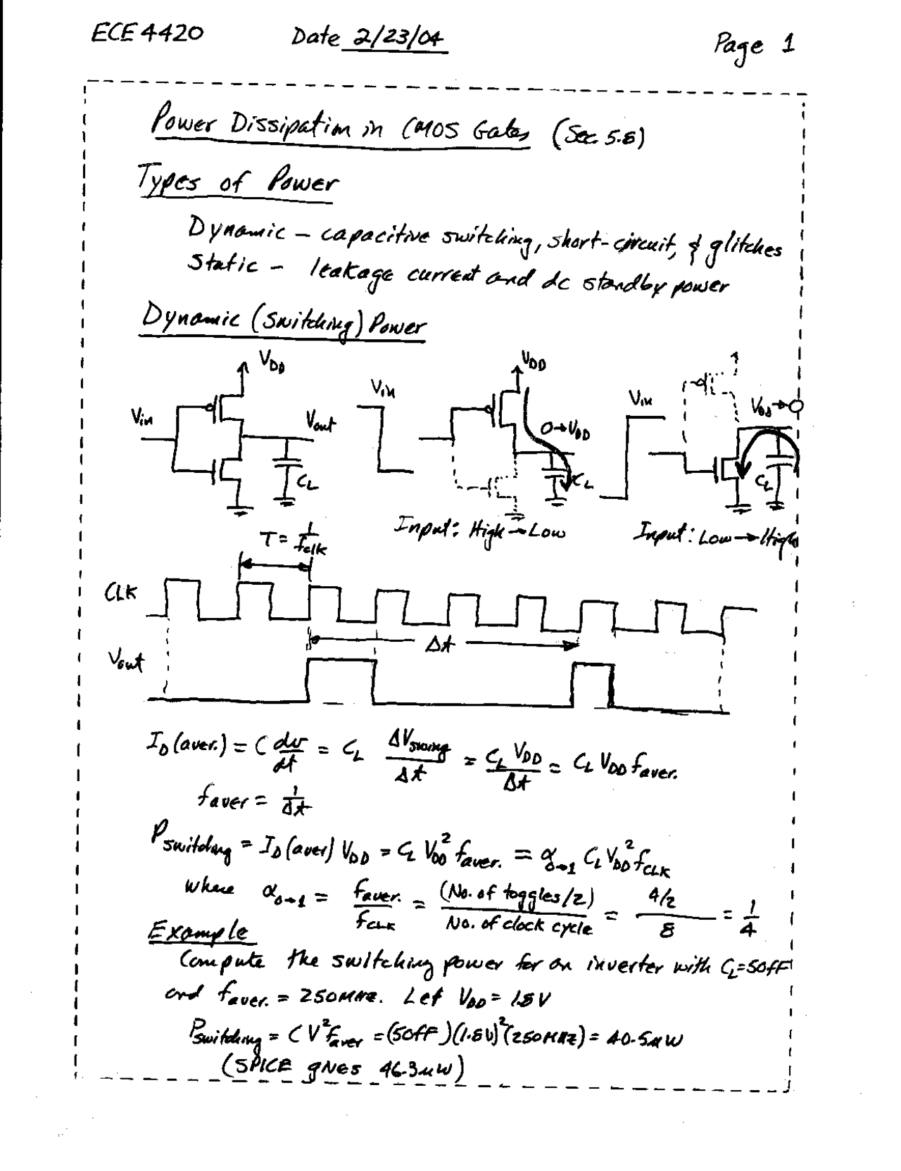Types Of Power Dissipation In Cmos Gates Ece 4420 Docsity