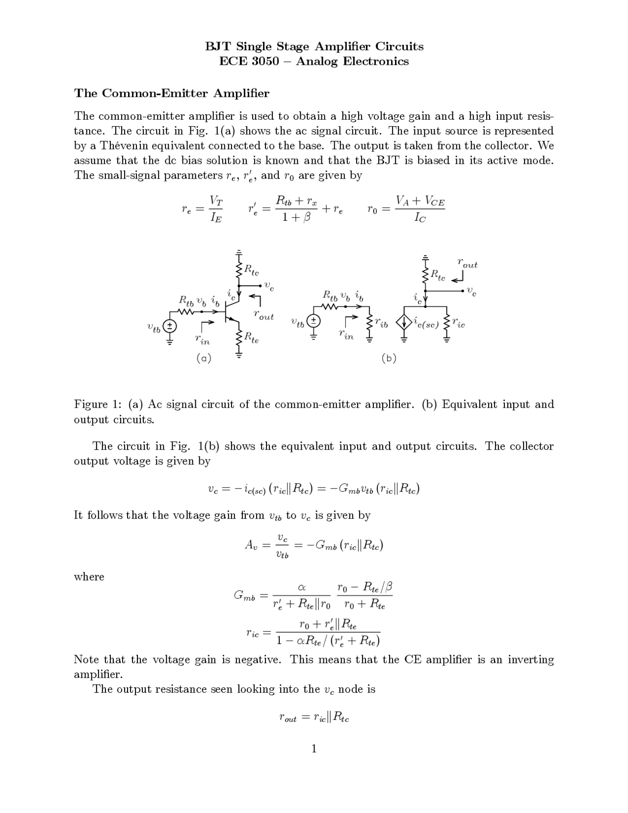 Bjt Single Stage Amplifier Circuits Exam Notes Ece 3050 Docsity
