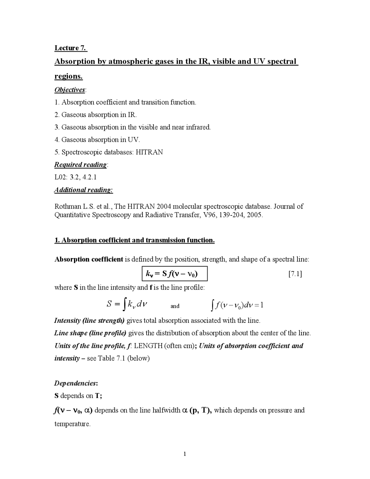 Absorption By Atmospheric Gases In The Ir Visible And Uv Spectral