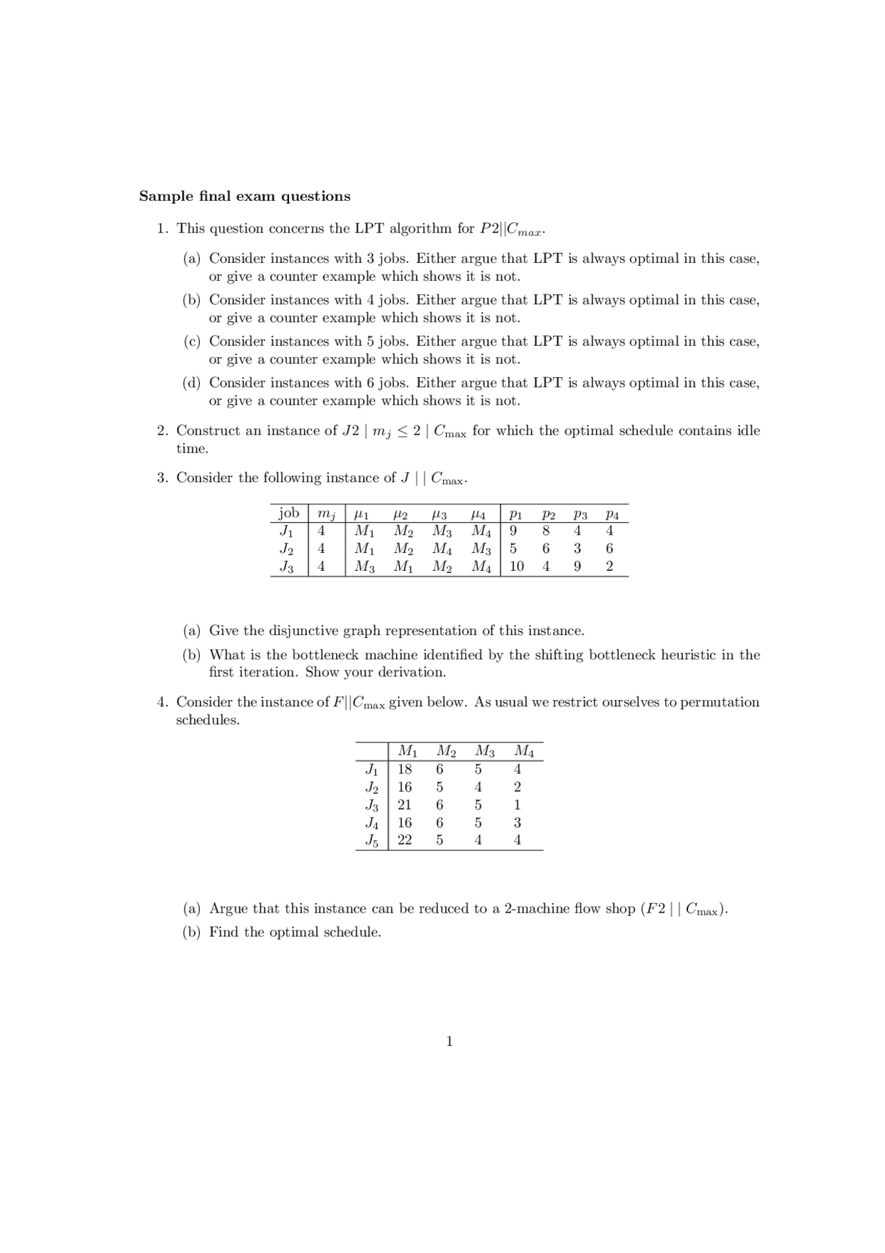 Sample Final Exam Questions Scheduling Theory Isye 6307 Exams