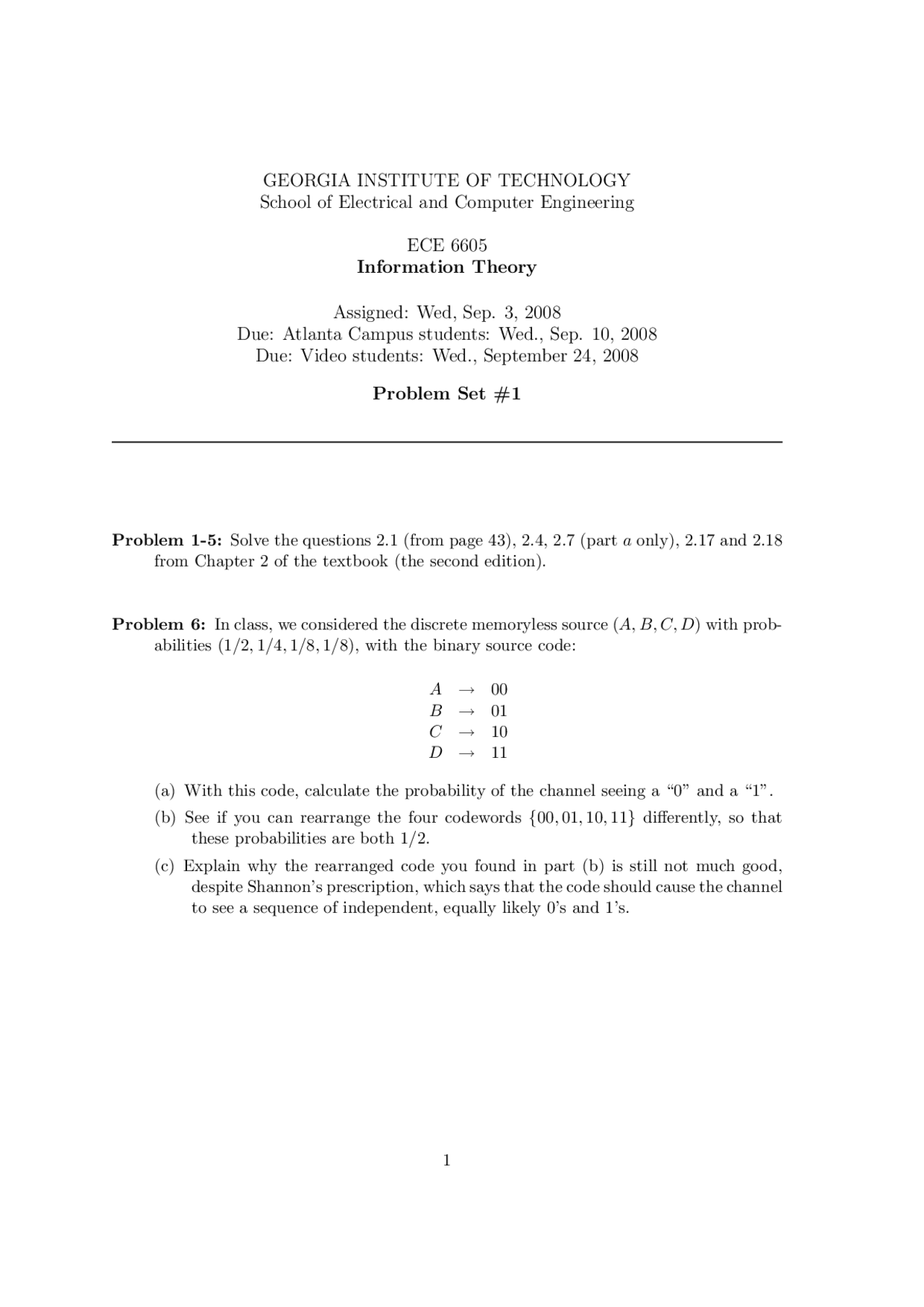 ECE 6605 Information Theory Problem Set 1 | Assignments Electrical and Electronics Engineering ...