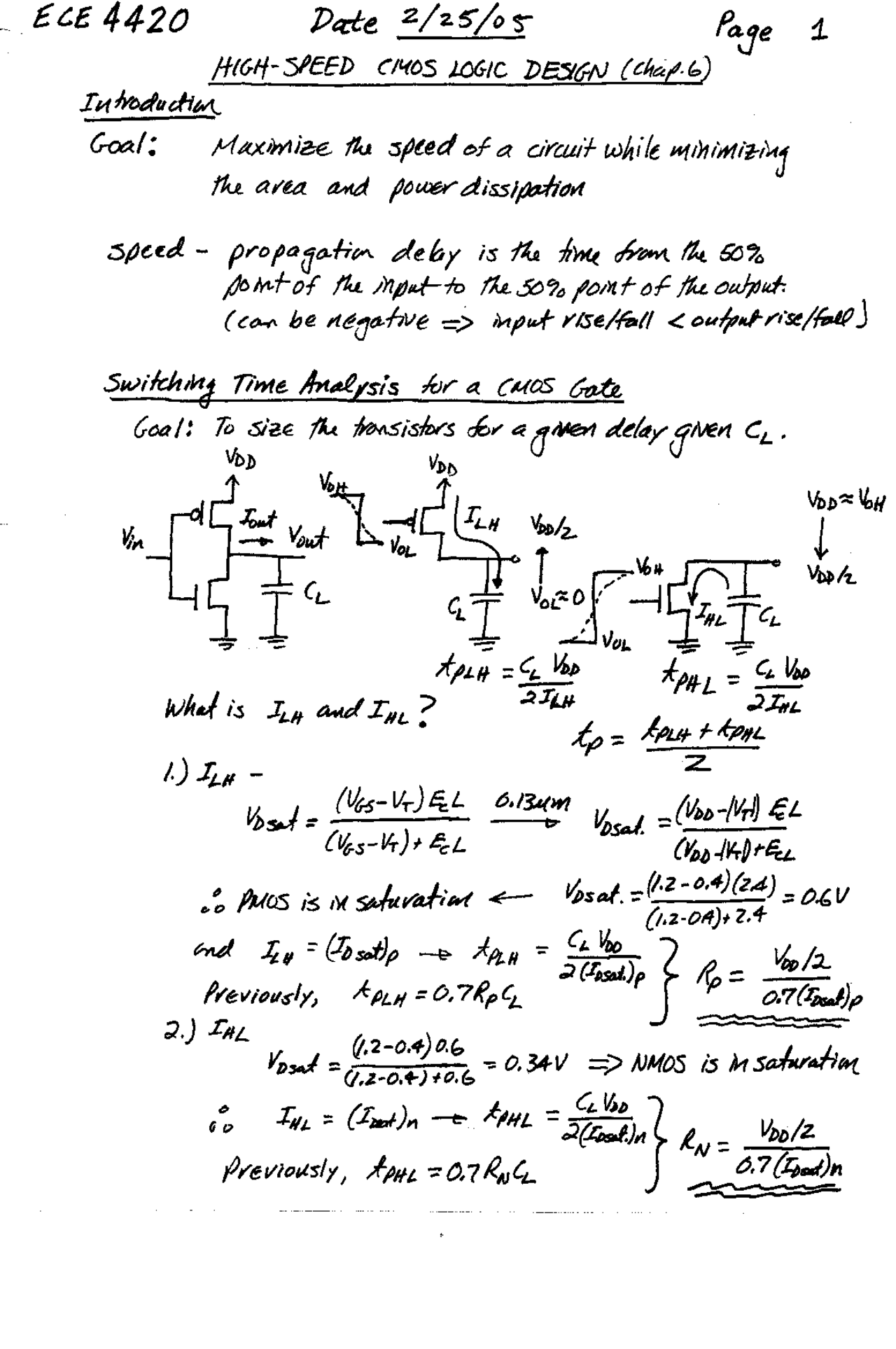 High Speed Cmos Logic Design Lecture Notes Ece 4420 Docsity