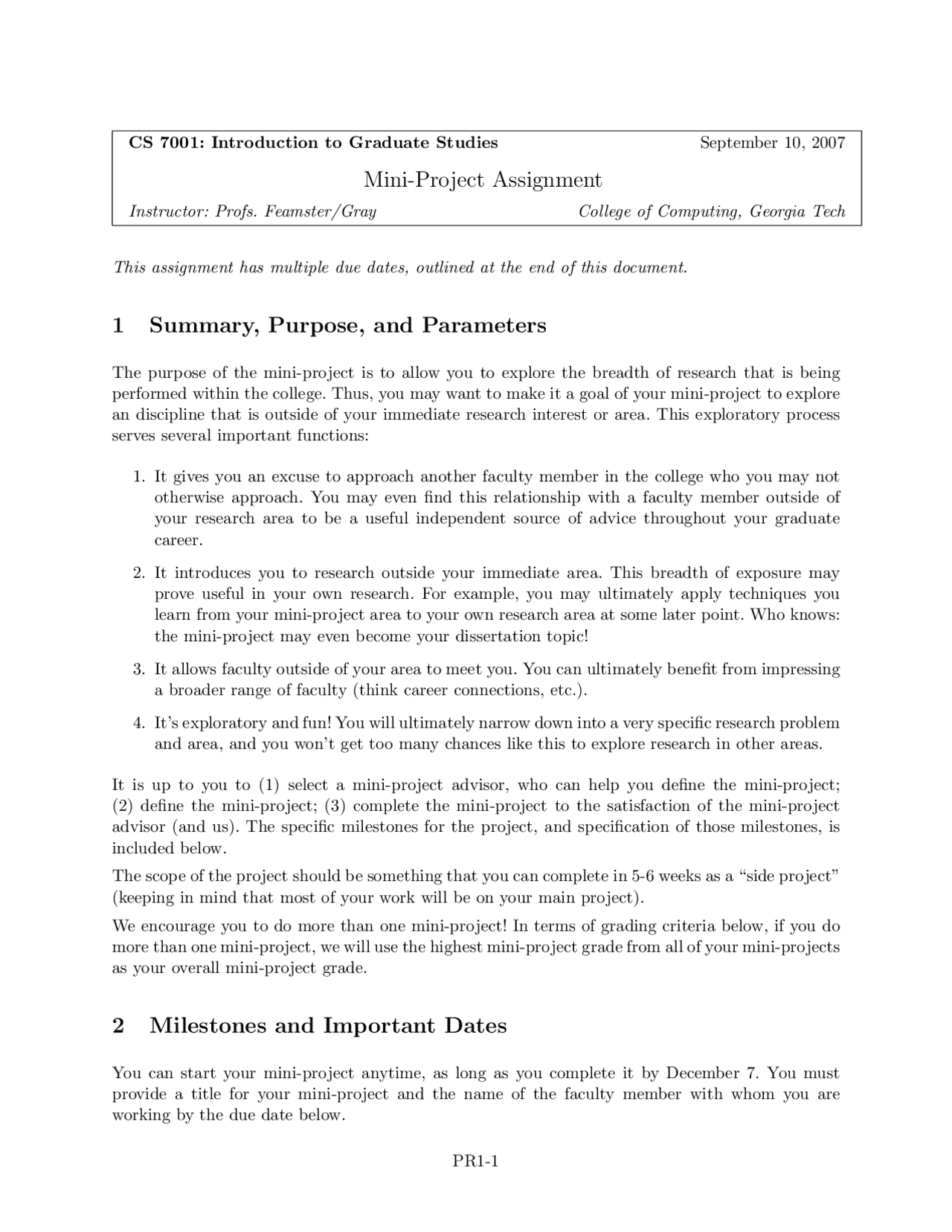 Introduction to Graduate Studies - Project | CS 7001 - Docsity