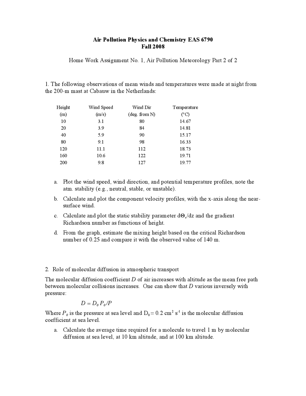 Assignment 1 - Air Pollution Physics and Chemistry - Fall 2008 | EAS ...
