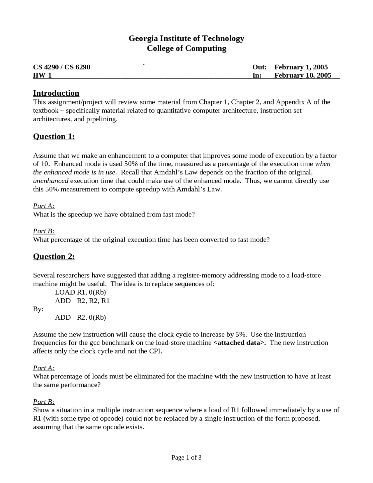 5 Questions For Assignment 1 Advanced Computer Organization Cs 4290
