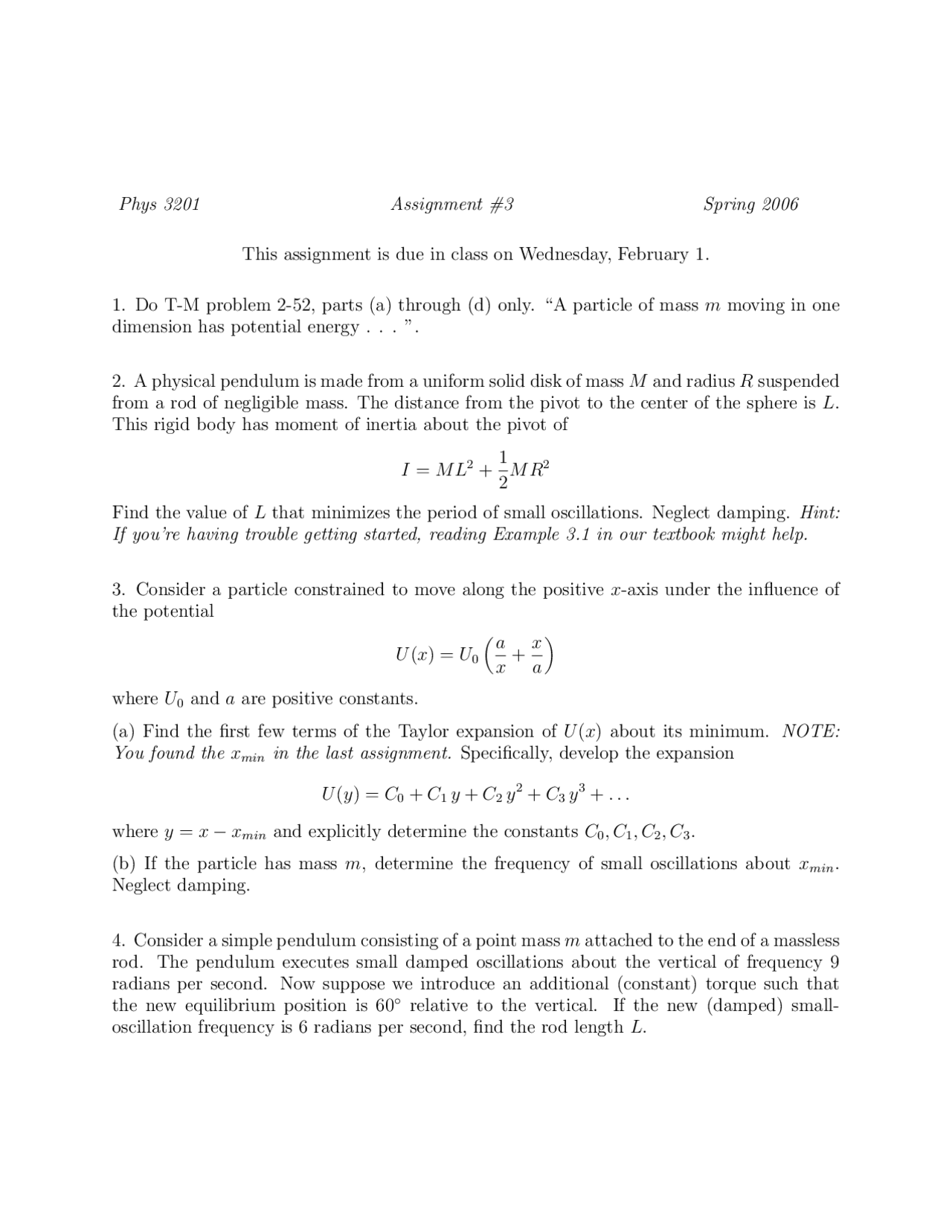 Practice Assignment 3 - Classical Mechanics I | PHYS 3201 - Docsity