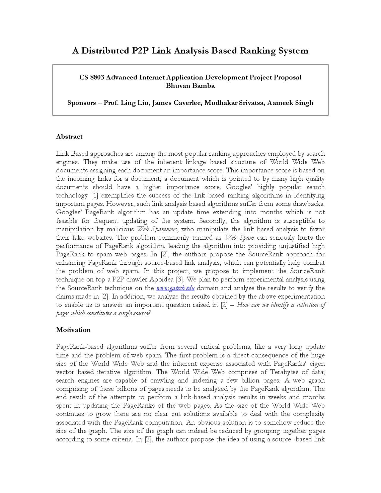 A Distributed P2P Link Analysis Based Ranking System | CS 8803 - Docsity