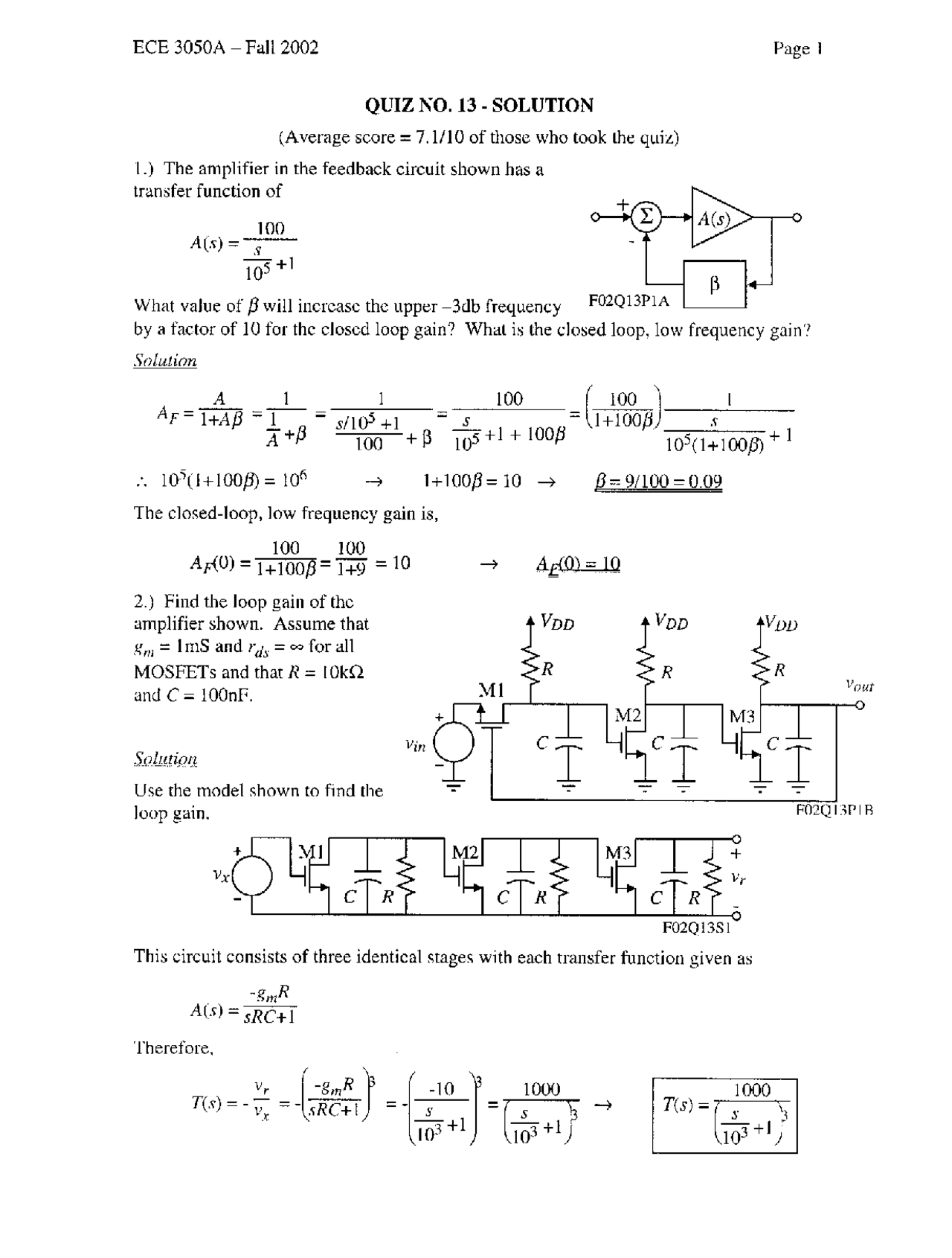 Analogue Electronics 2 Solved Problems In Quiz 13 Ece 3050 Docsity