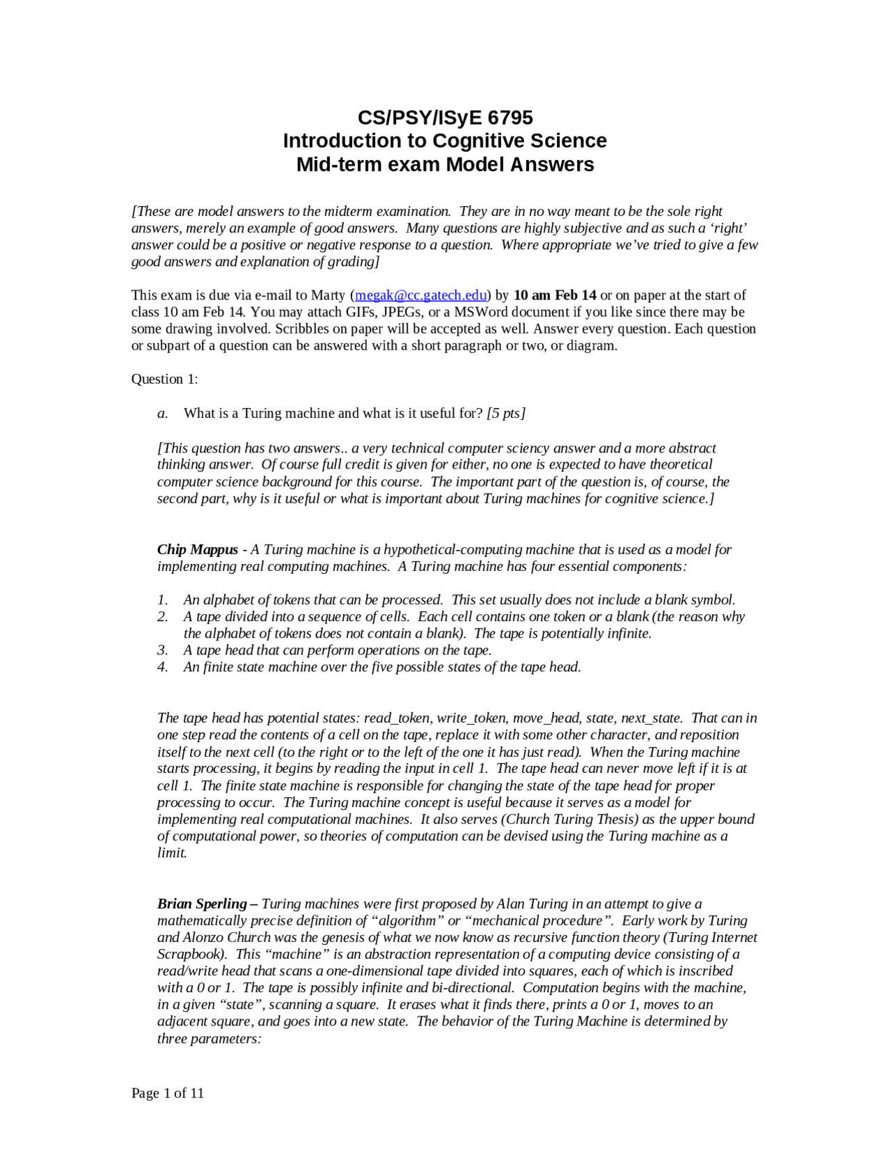 Midterm Exam Model Answers Introduction To Cognitive Science Cs