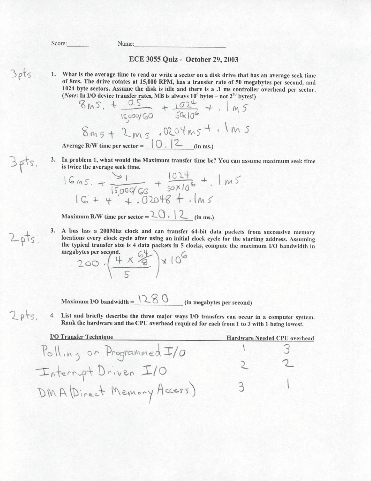 Resolution of Quiz on Computer Architecture and Operating Systems | ECE 3055 - Docsity