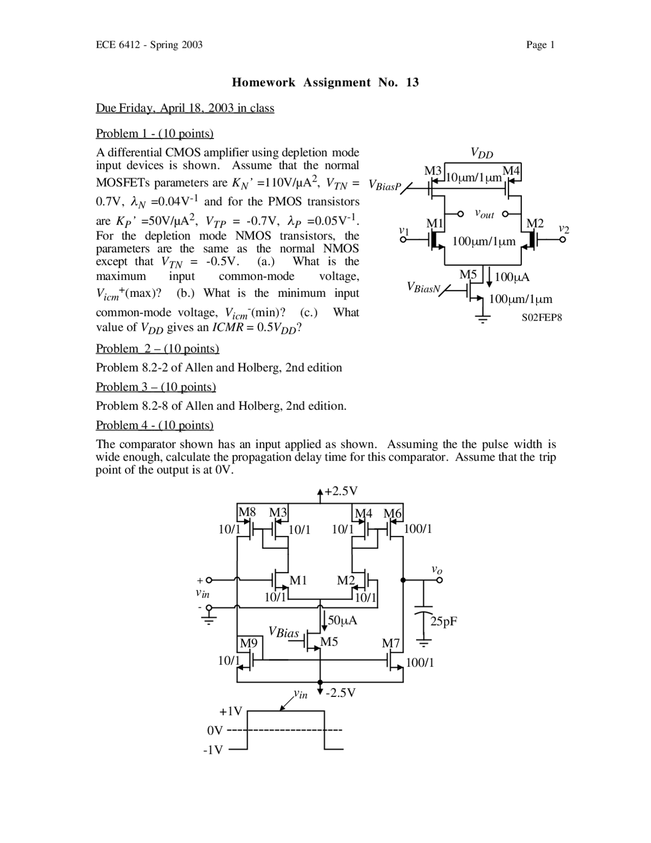 Analog Integrated Circuit Design Assignment 13 Spring 2003 Ece 6412 Docsity
