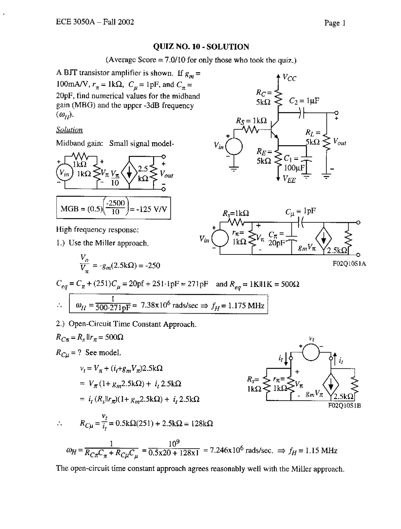 Solutions Of Quiz 10 On Analog Electronics Ece 3050 Docsity