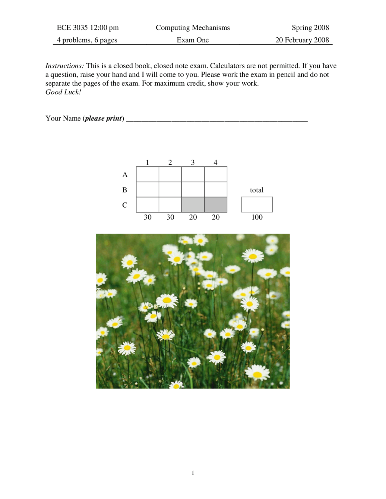Exam 1 - Mechanisms of Computing Systems - 4 Problems | ECE 3035 - Docsity