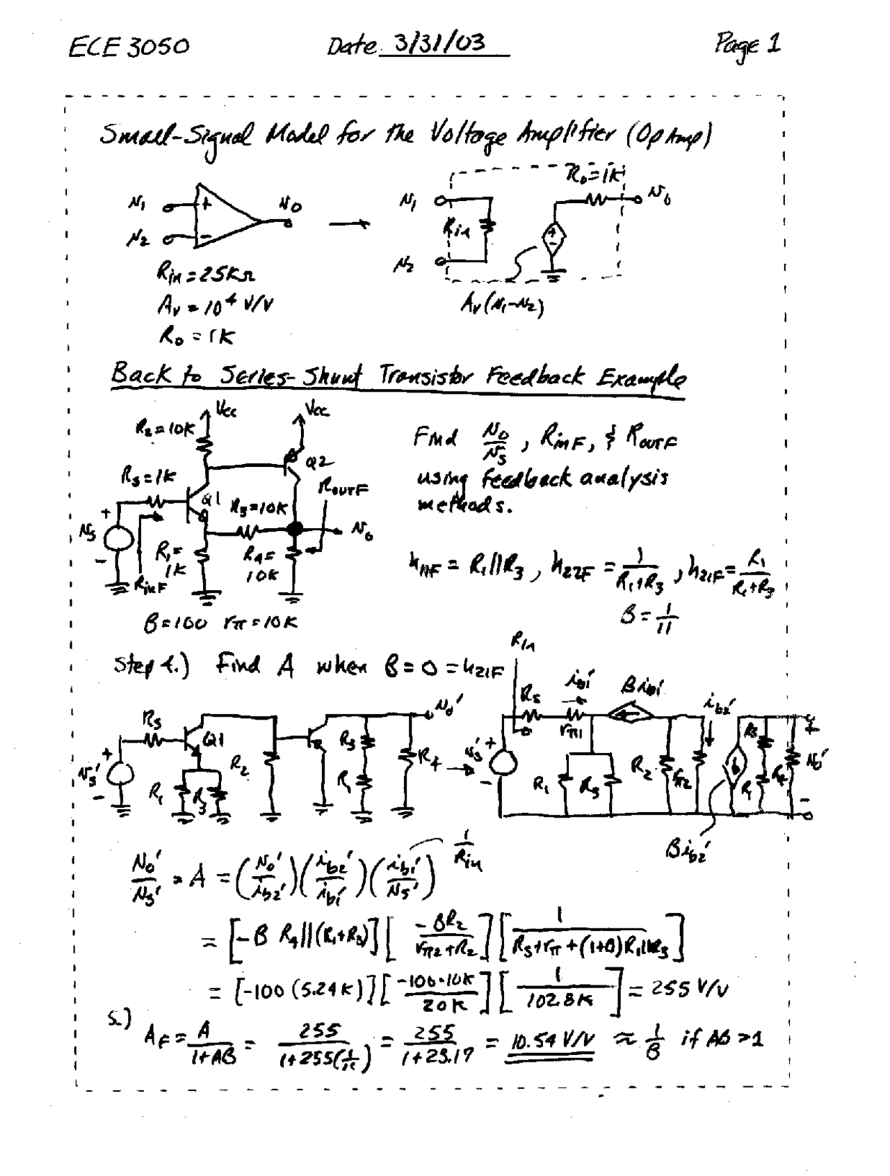 Handwritten Notes On Small Signal For The Voltage Amplifier Ece 3050