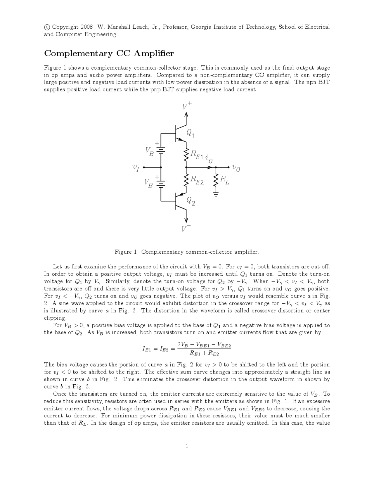 Complementary Common Collector Amplifier Lecture Notes Ece 3050 Docsity