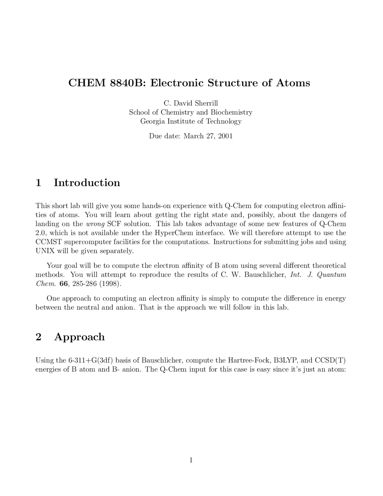 Computing Electron Affinities: Q-Chem Lab on Georgia Tech's CCMST ...