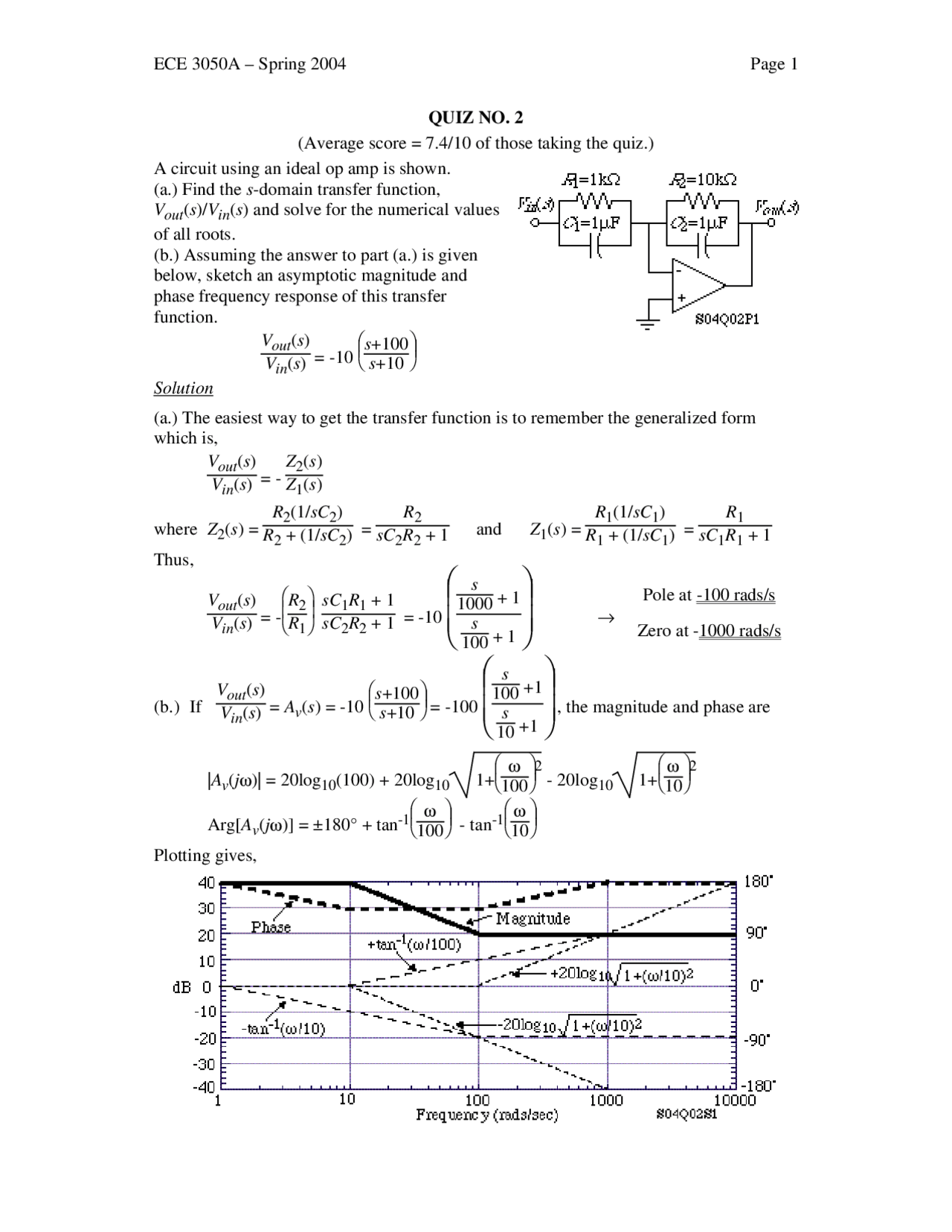 Analog Electronics Practice Quiz 2 Solutions Ece 3050 Docsity