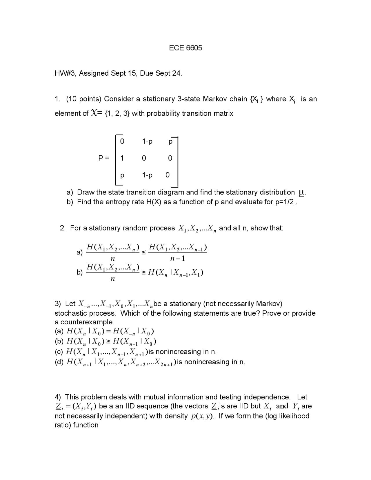 Homework 3 Practice Information Theory Ece 6605 Docsity