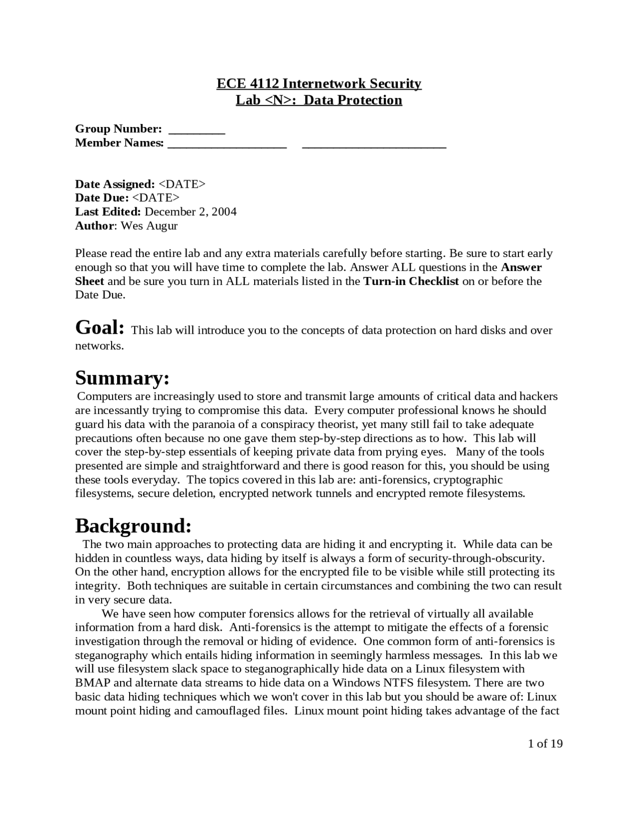 Laboratory : Data Protection - Fall 2004 | ECE 4112 - Docsity