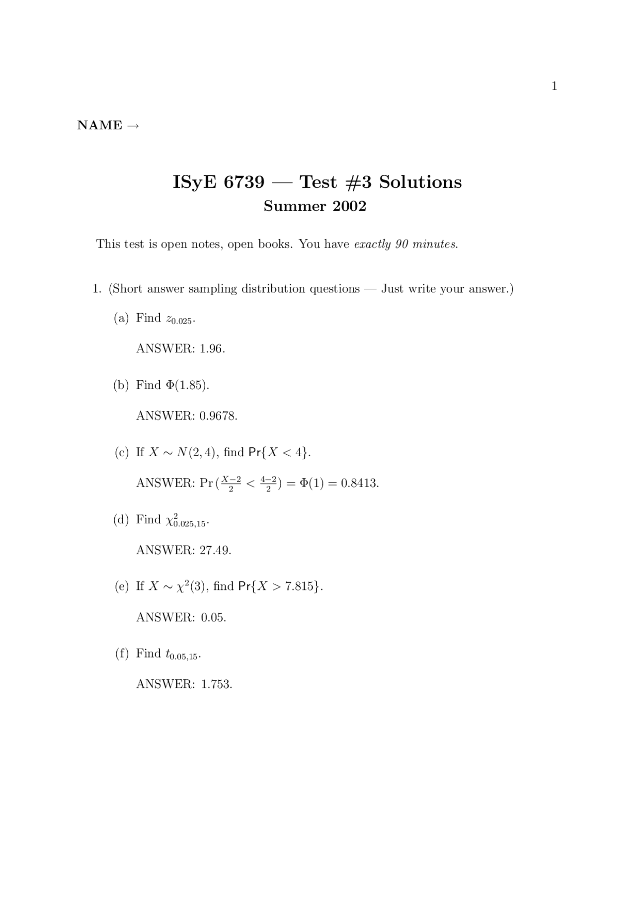 7 Questions With Answer Exam 3 Statistical Methods Isye 6739 Docsity
