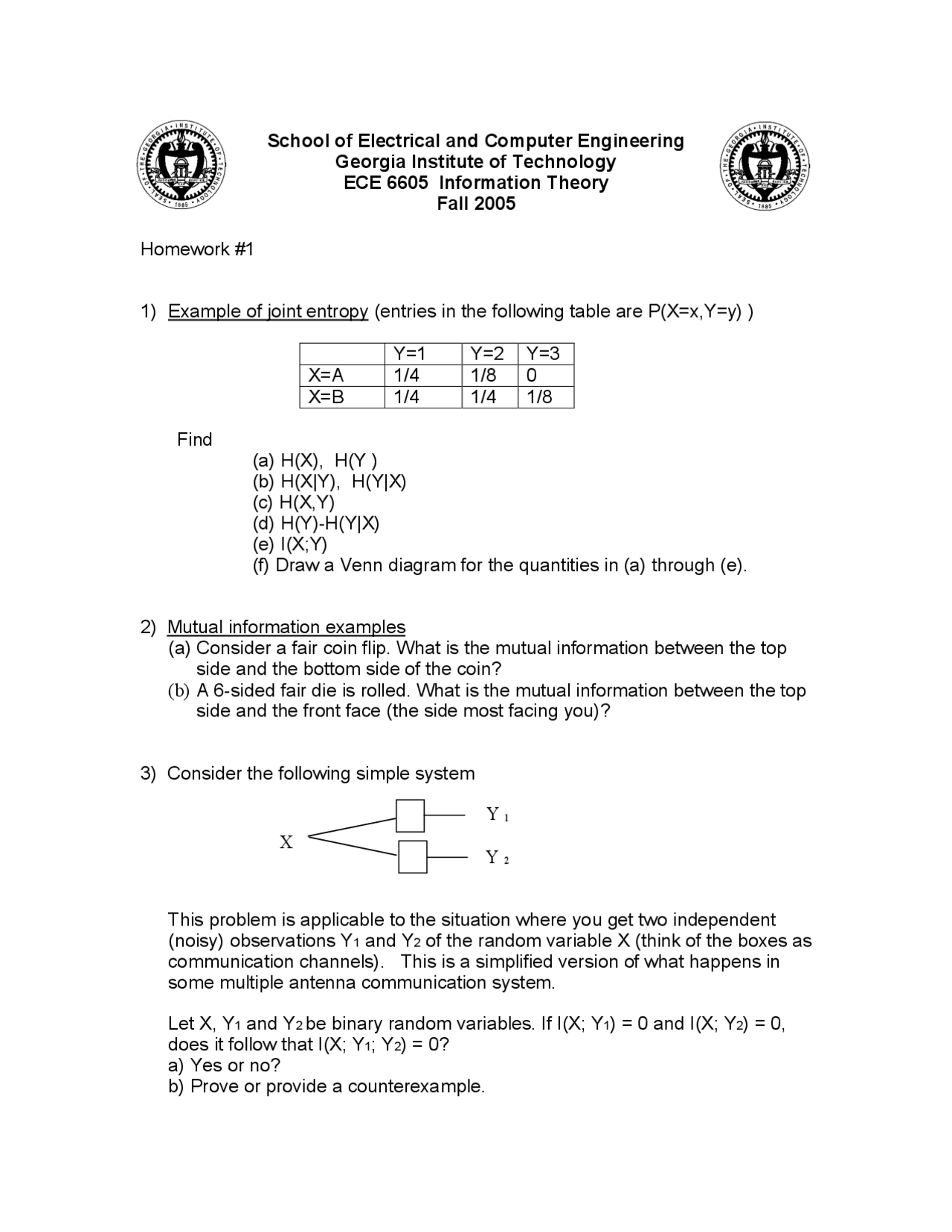 Homework 1 Information Theory Fall 2005 Ece 6605 Docsity