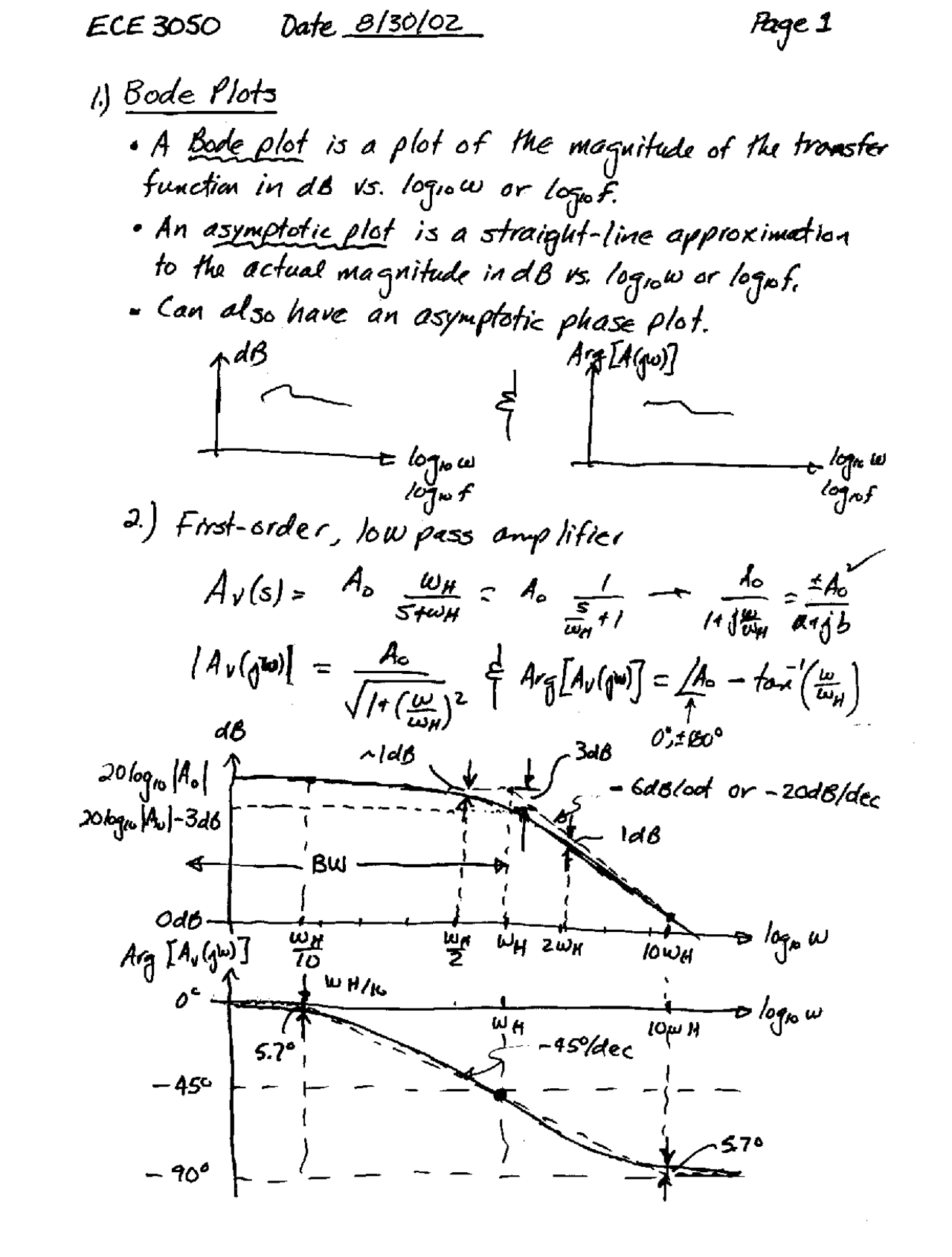 Bode Plots, First Order Low Pass Amplifier, Bandwidth | ECE 3050 ...