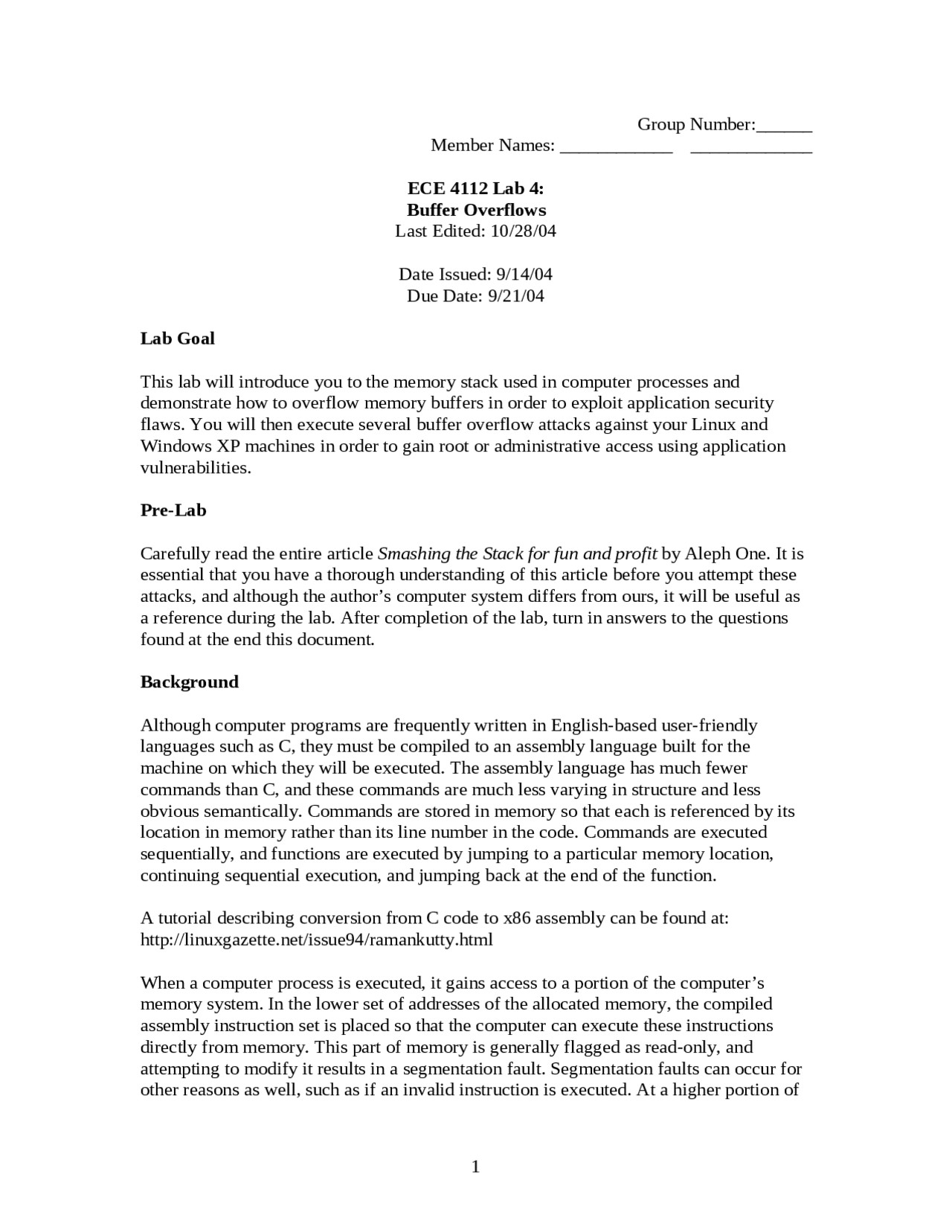 Buffer Overflows Internetwork Security Lab 4 Ece 4112 Docsity