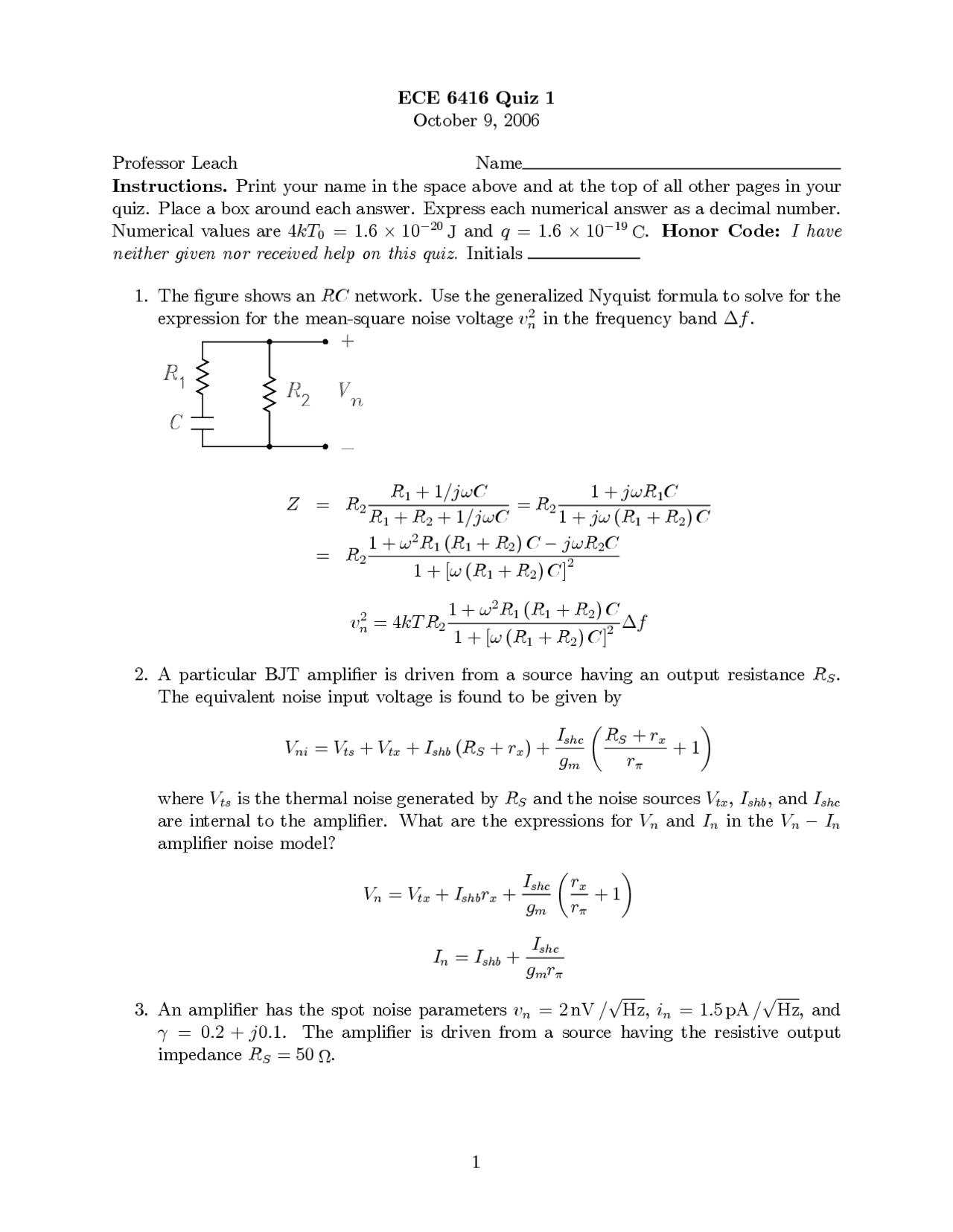 ECE 6416 Quiz 1: Solving for Mean-square Noise Voltage in Amplifier ...