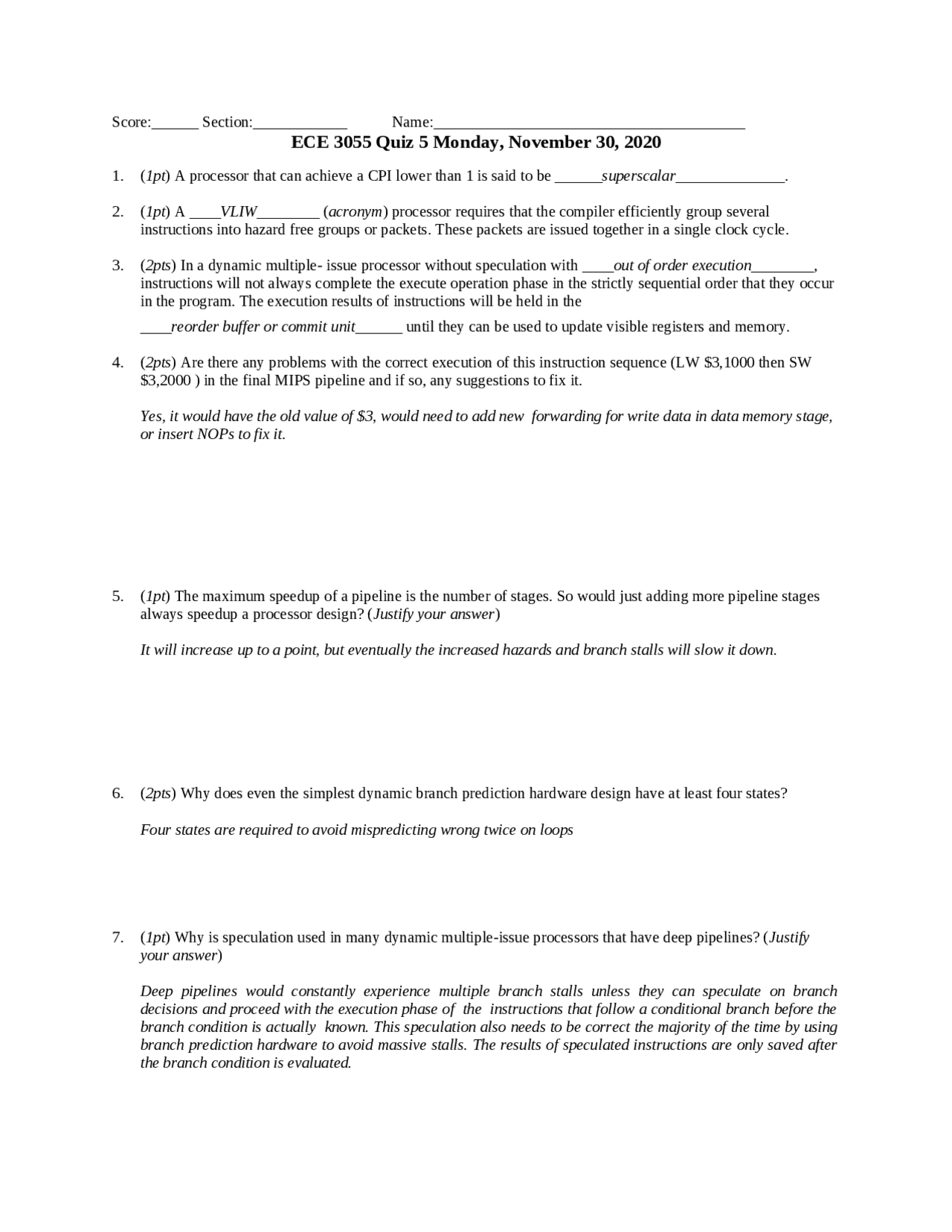Computer Architecture And Operating System Quiz 5 Answers Ece 3055 Docsity