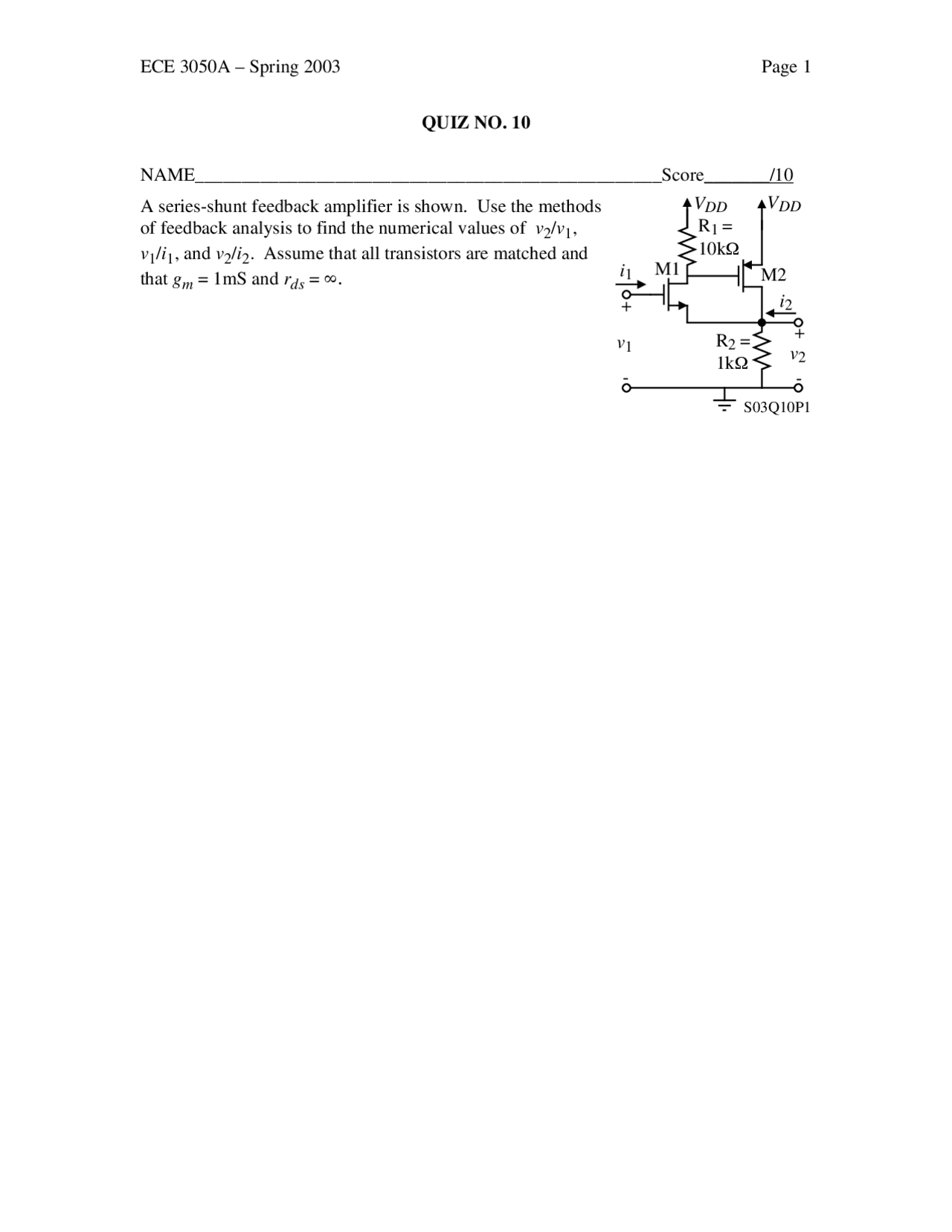 Quiz 10 Practice Problems On Analog Electronics Spring 2003 Ece