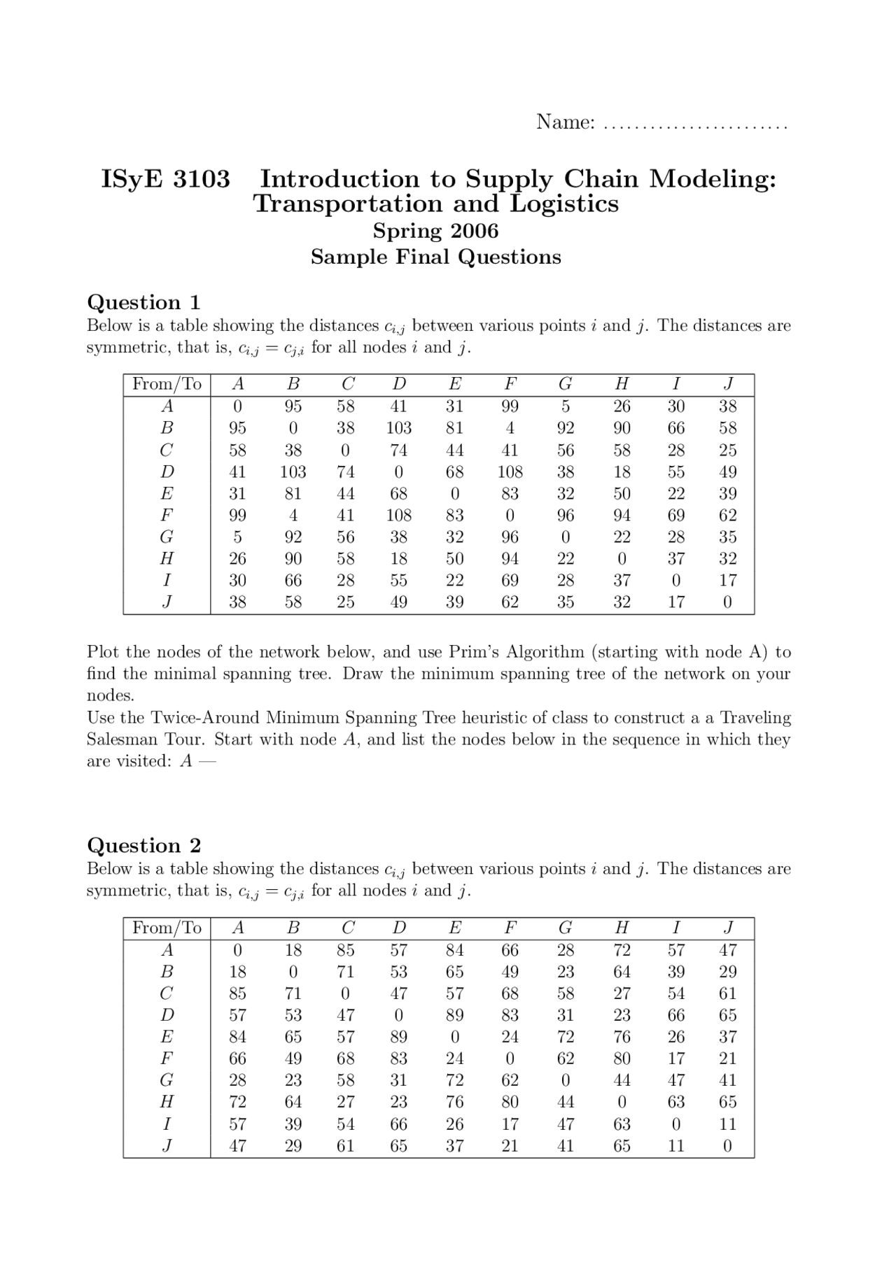 Supply Chain Modeling Transportation And Logistics Sample Final